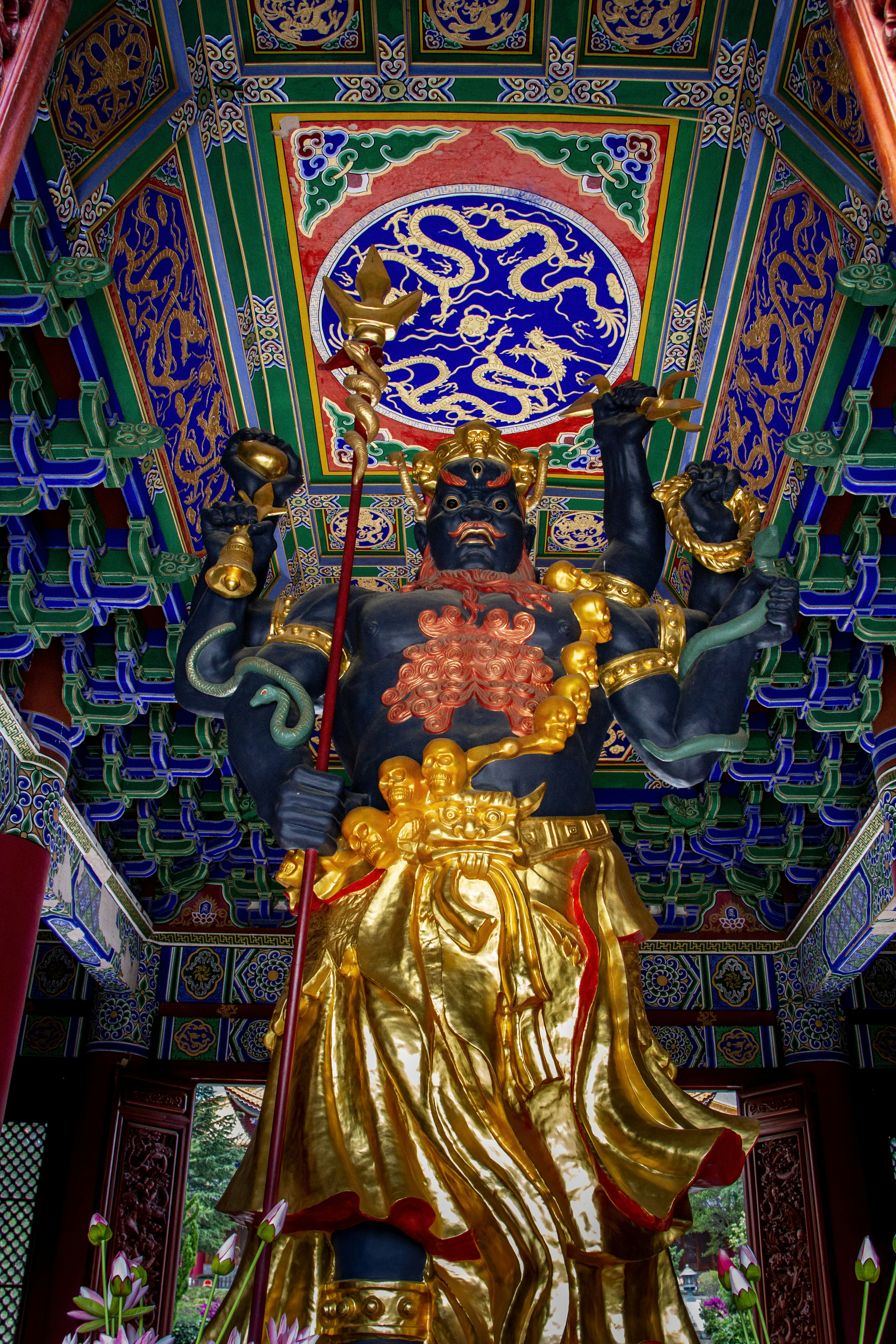 Demon King in Gold: A Temple Guardian under the Dragon-Patterned Dome