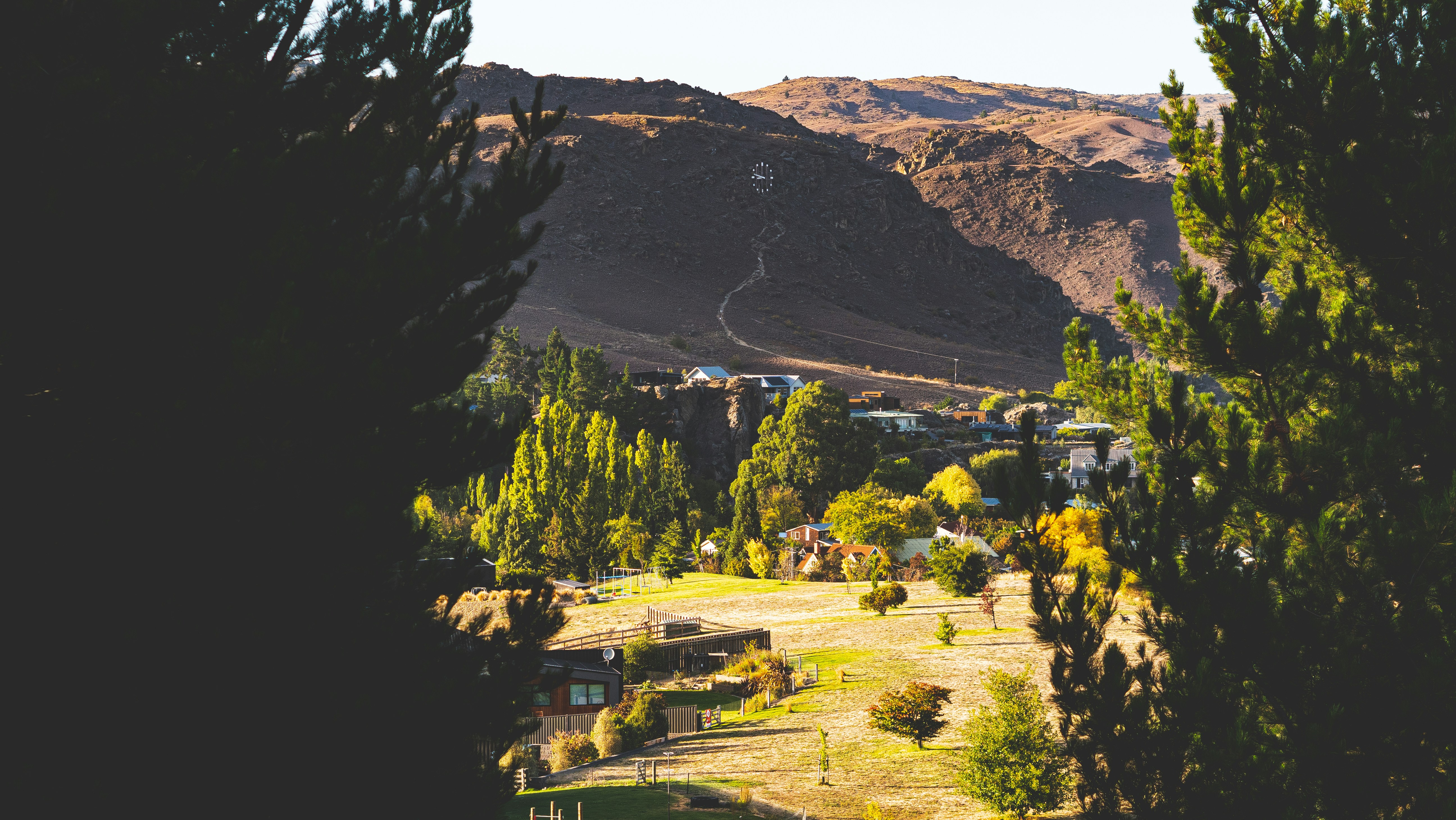 Valley Village Framed by Pines and a Distant Mountain Ridge