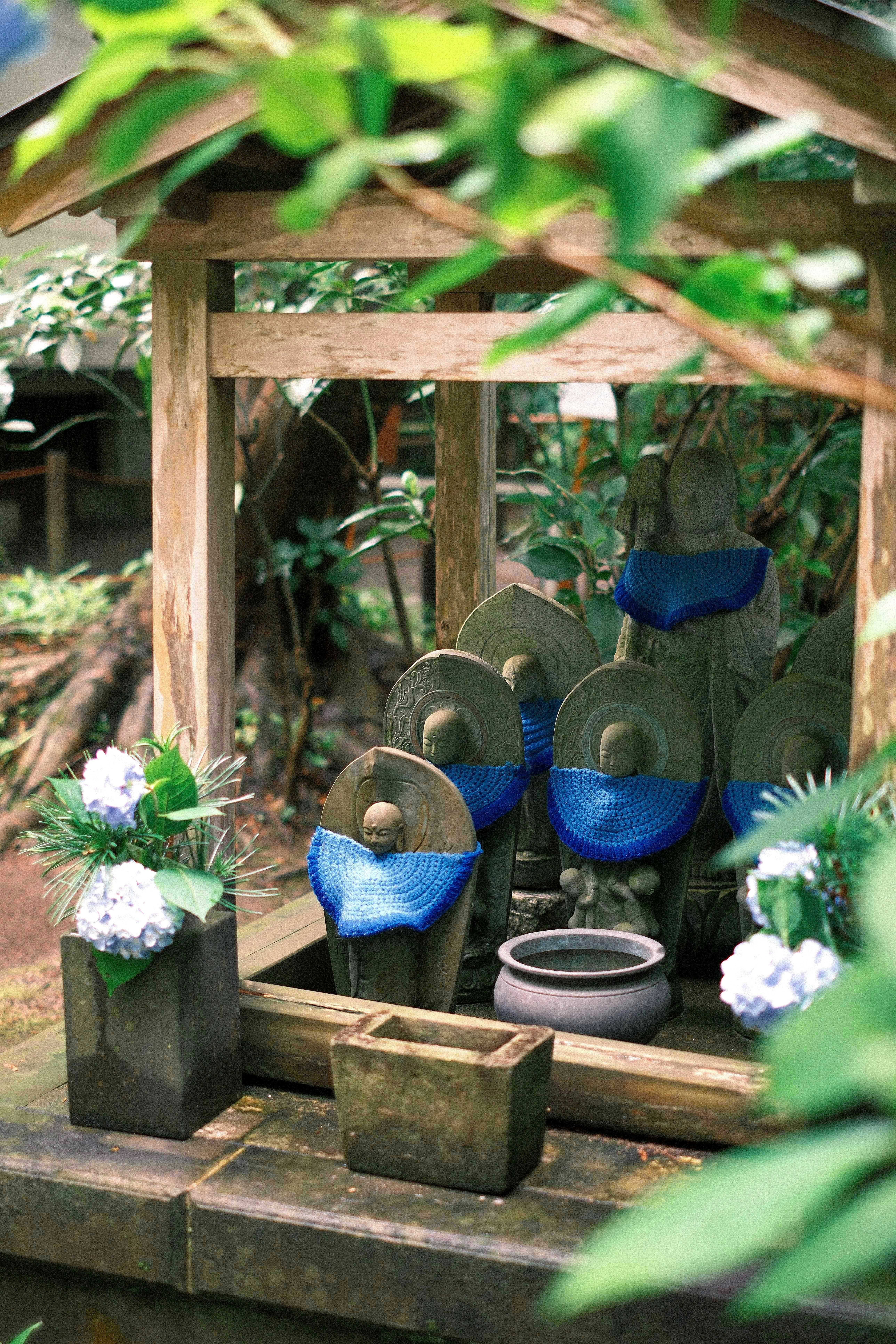 Blue-Wrapped Guardians Framed by a Timber Shrine