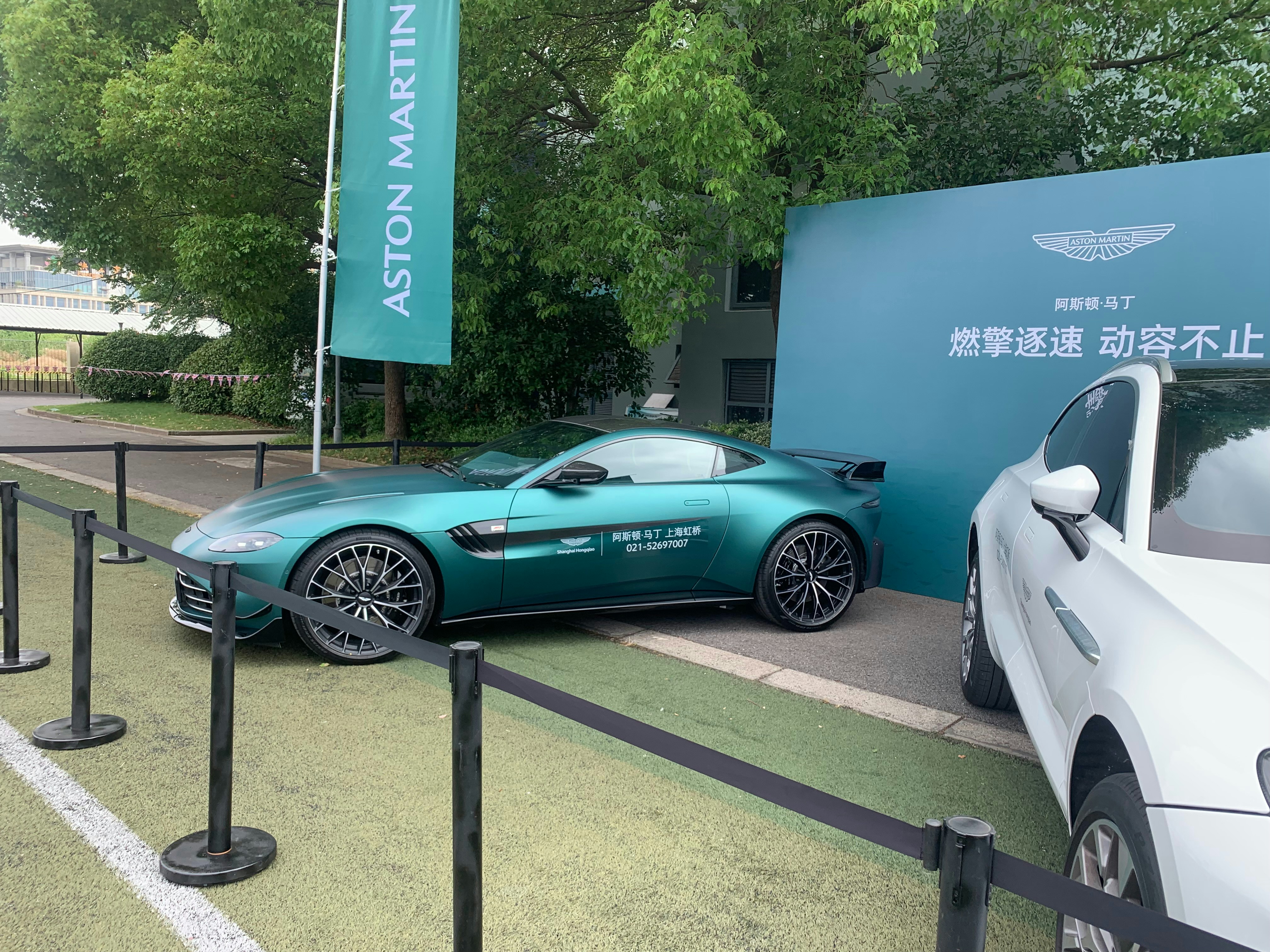 Teal Aston Martin Vantage Framed by Exhibition Stanchions