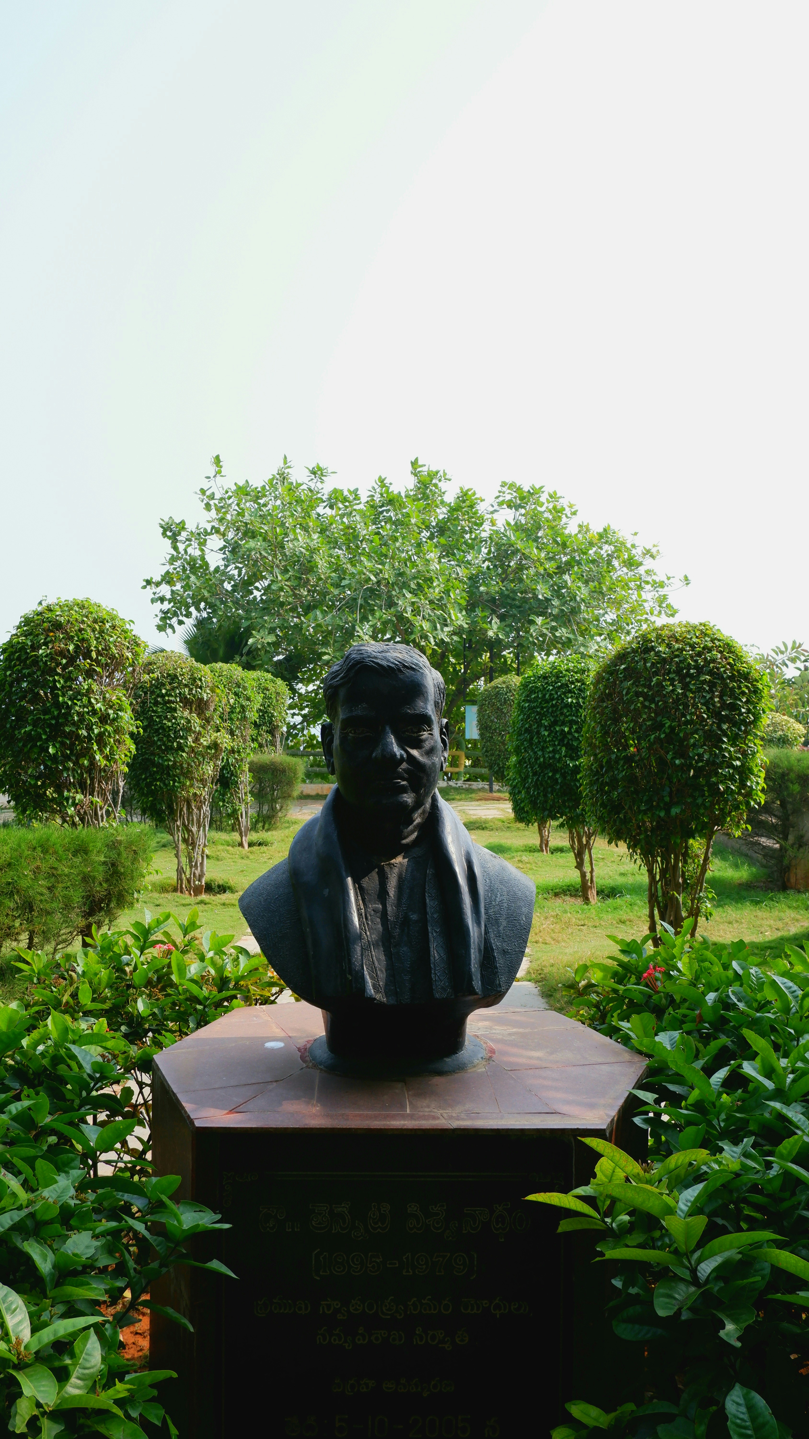 Bronze Bust Amid Pruned Garden: Quiet Authority in a Sunlit Patch