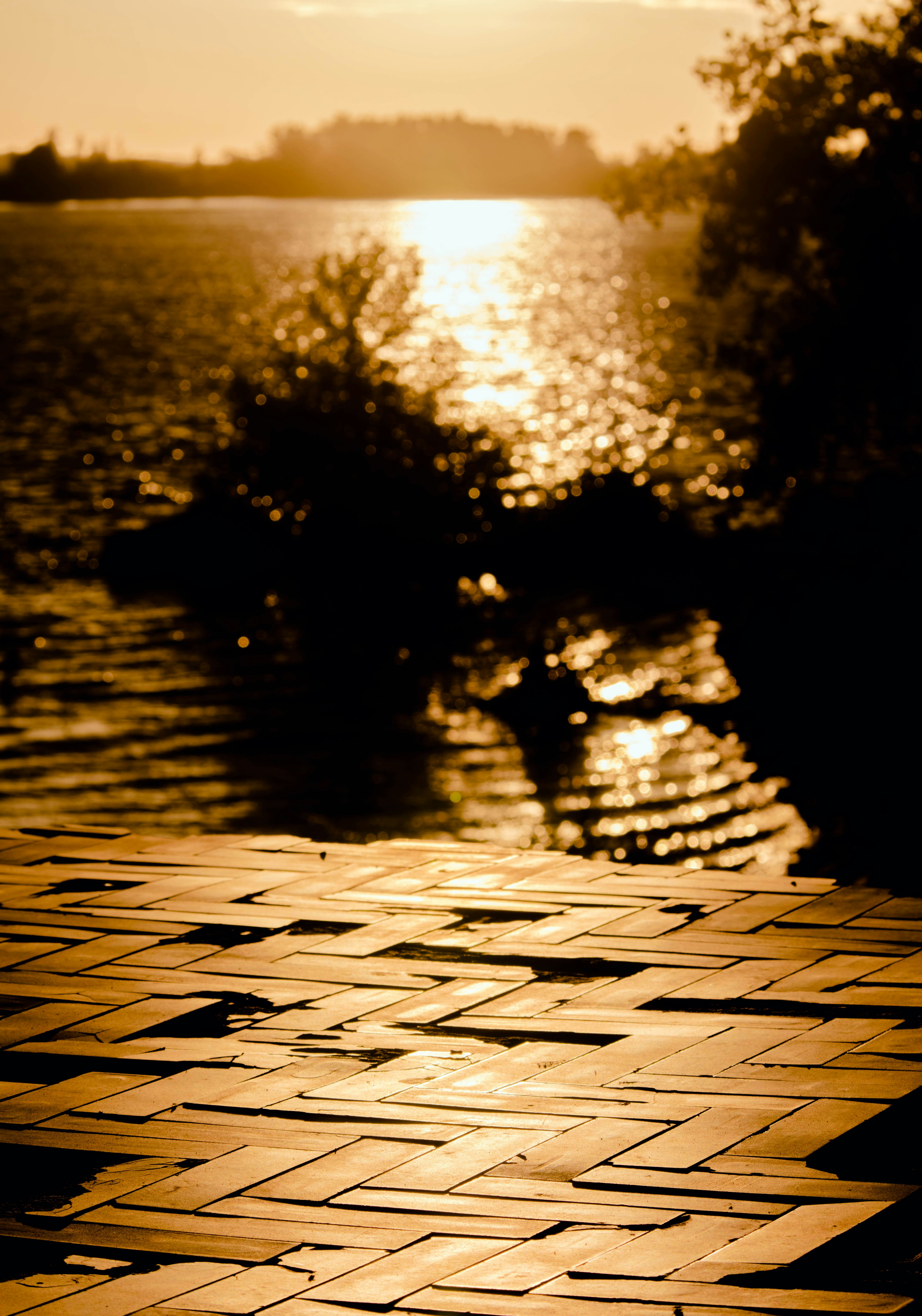 Brick-Paved Dusk: Golden Light on the Riverside