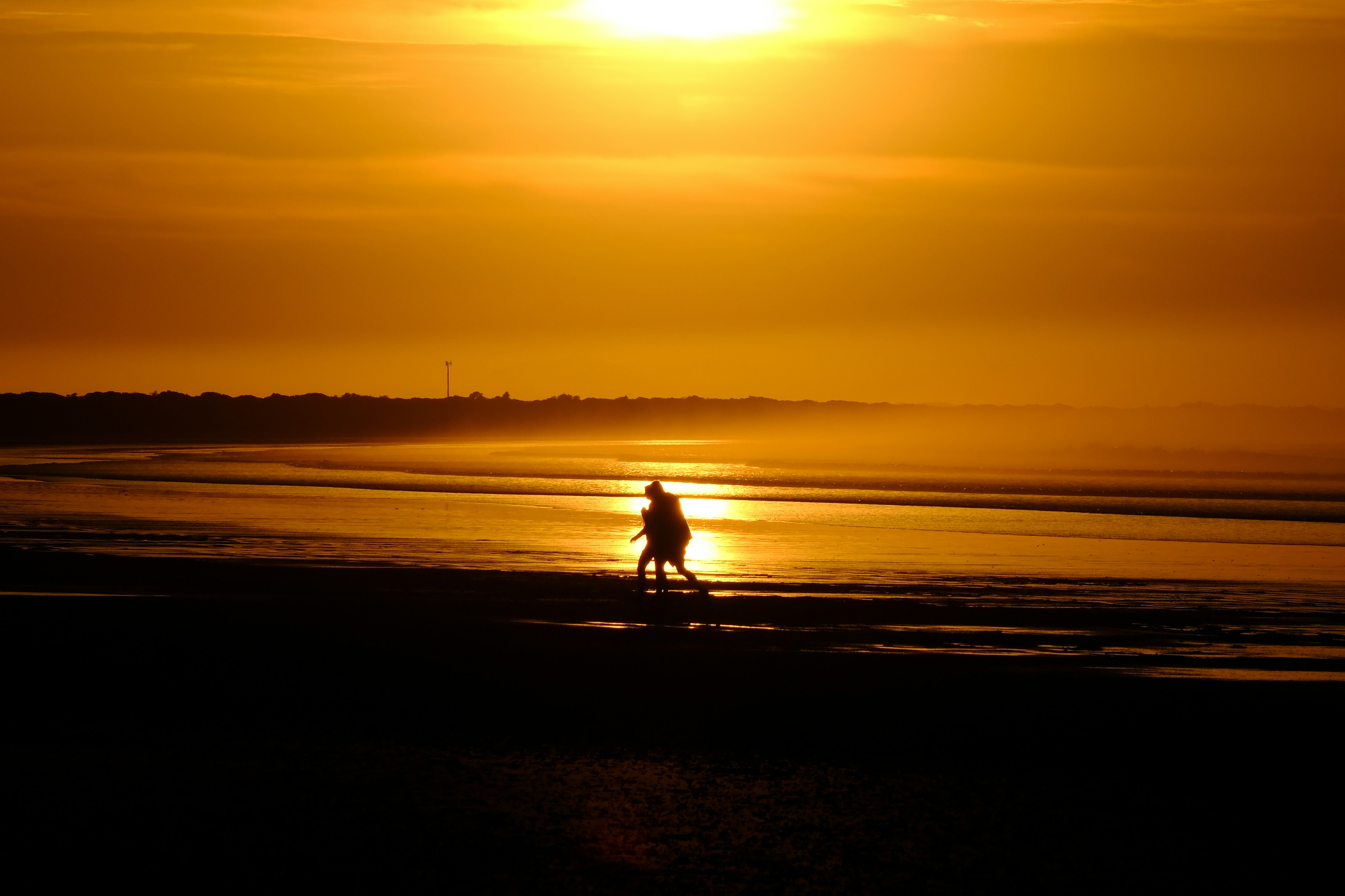 Amber Hour Silhouette: A Lone Figure and Companion on the Sunlit Shore