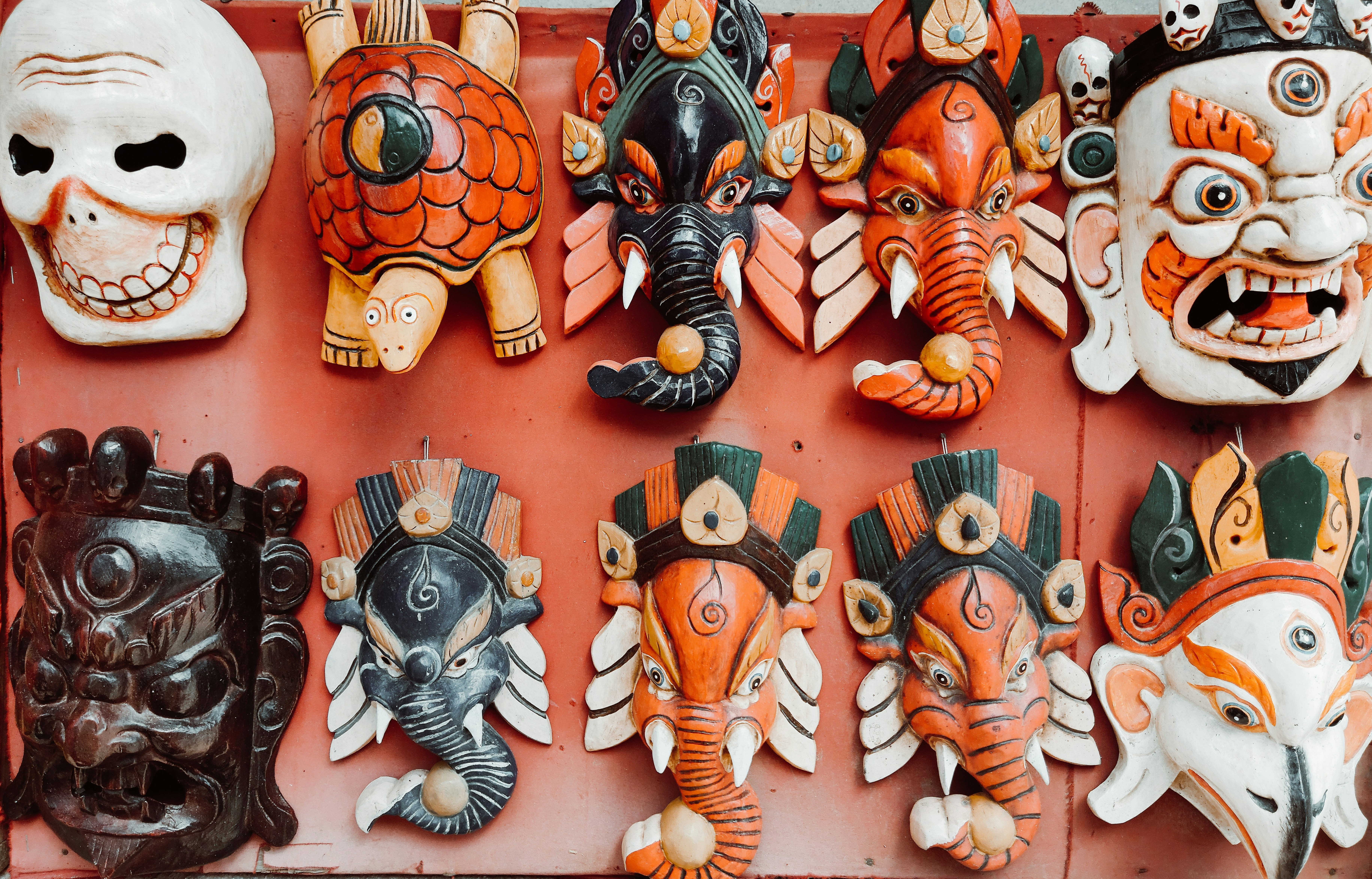 Handcrafted Nepali wooden masks on display in Changunarayan, Bhaktapur