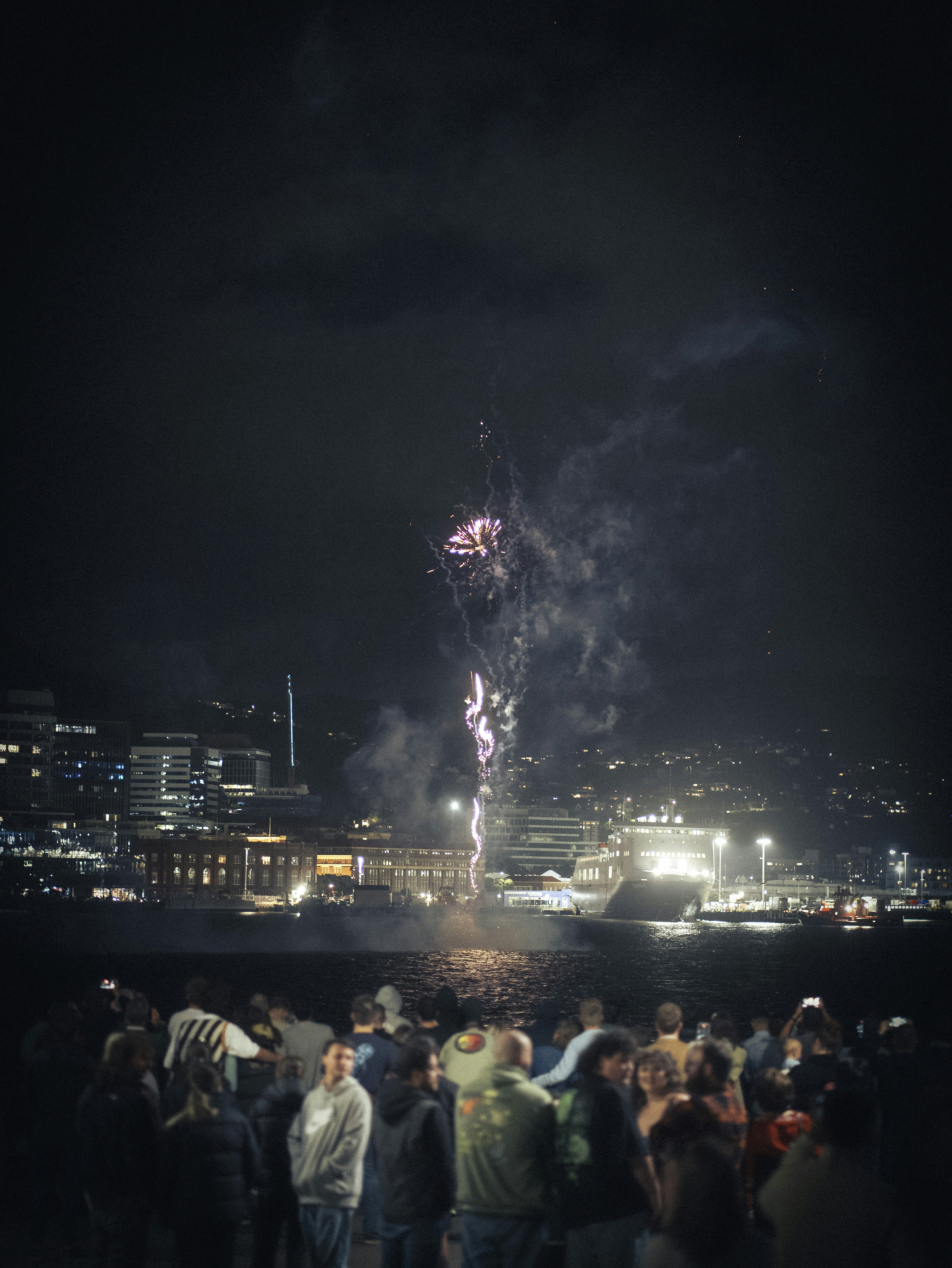 Harbor Night Sparks: Neon Firework Above a Crowded Waterfront