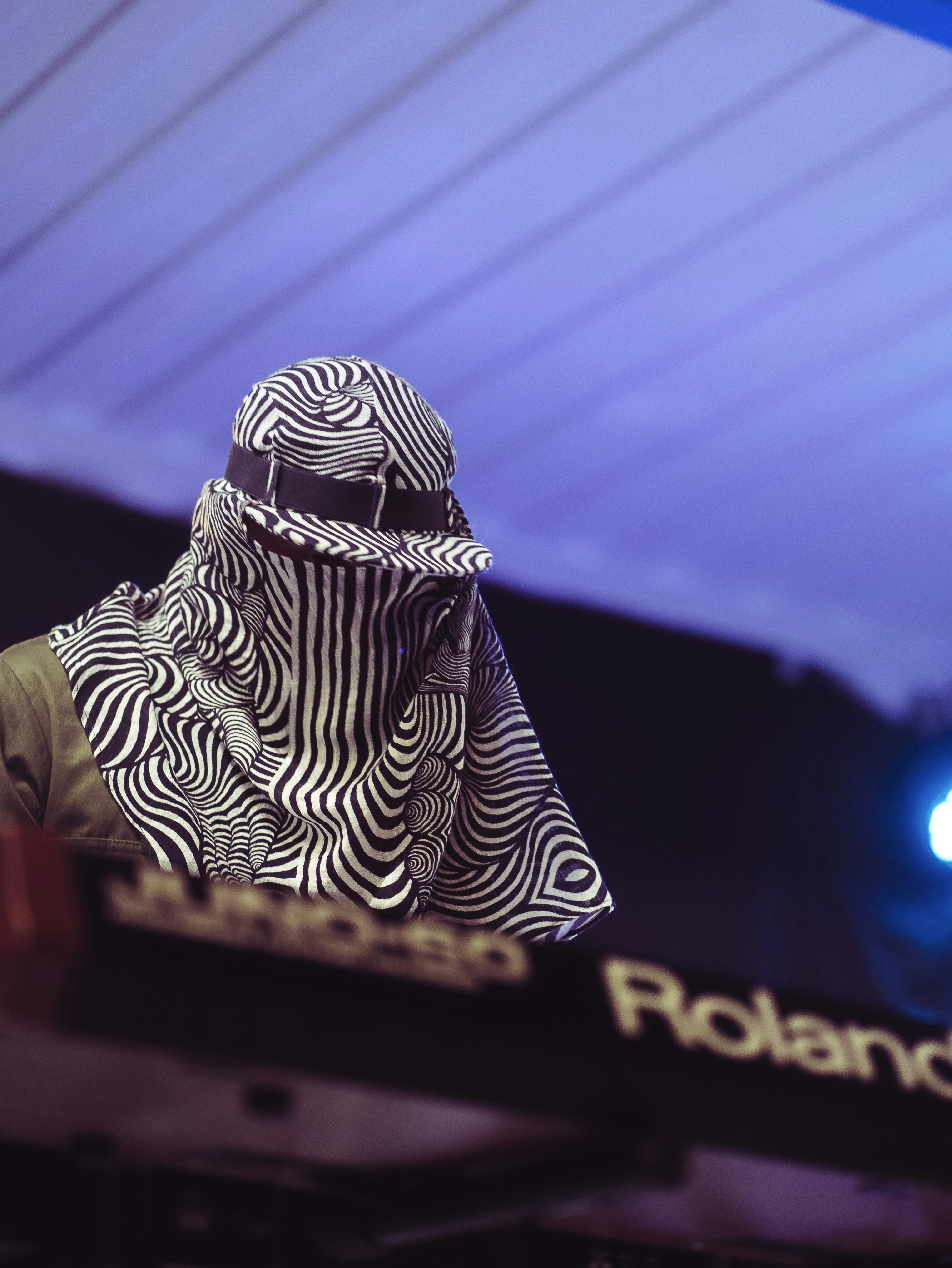 Zebra Veil at Neon Keys: A Masked Performer Under Purple Stage Light