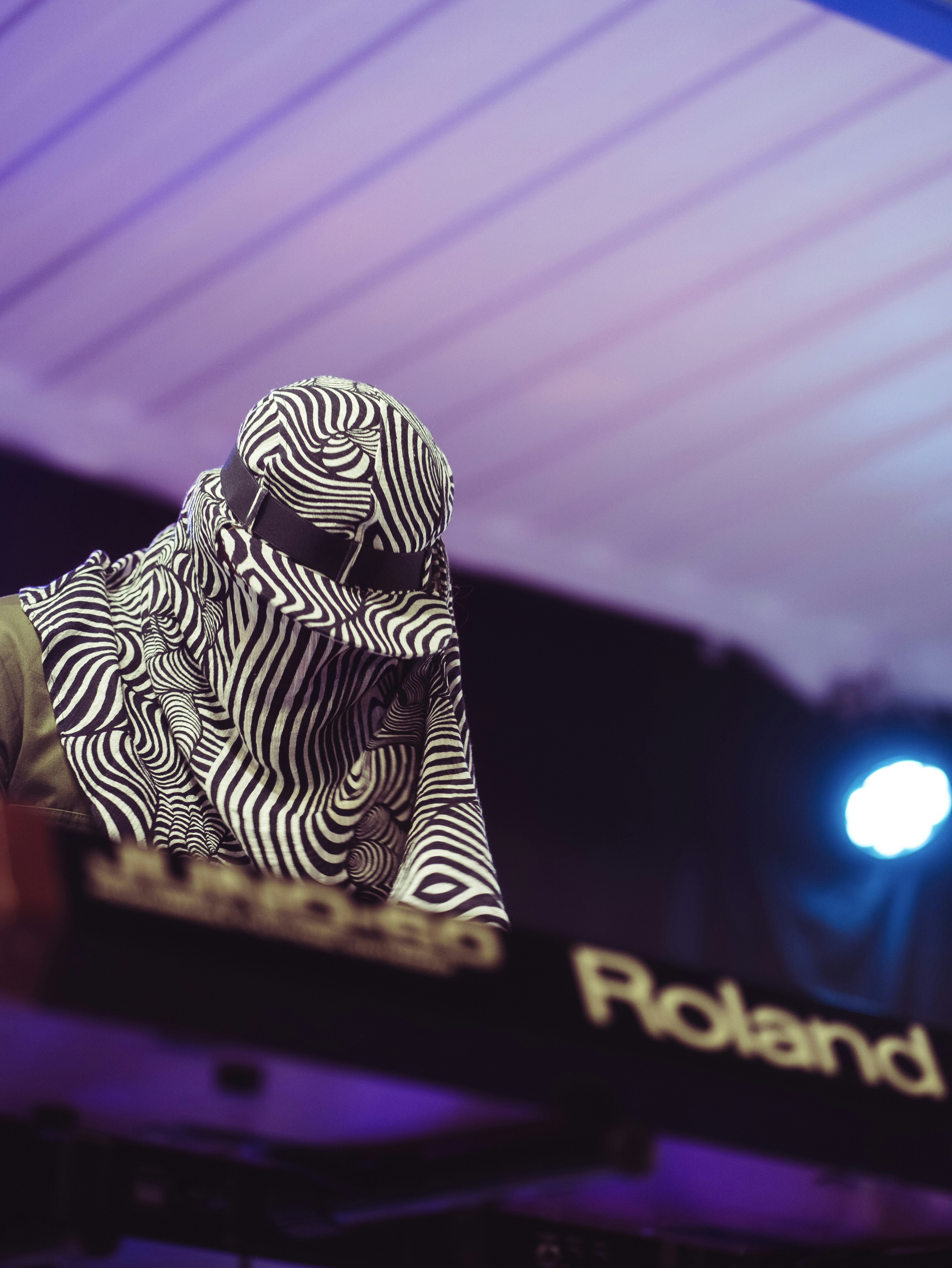 Zebra-Wrapped Maestro Beneath Neon Purple Stage Lights