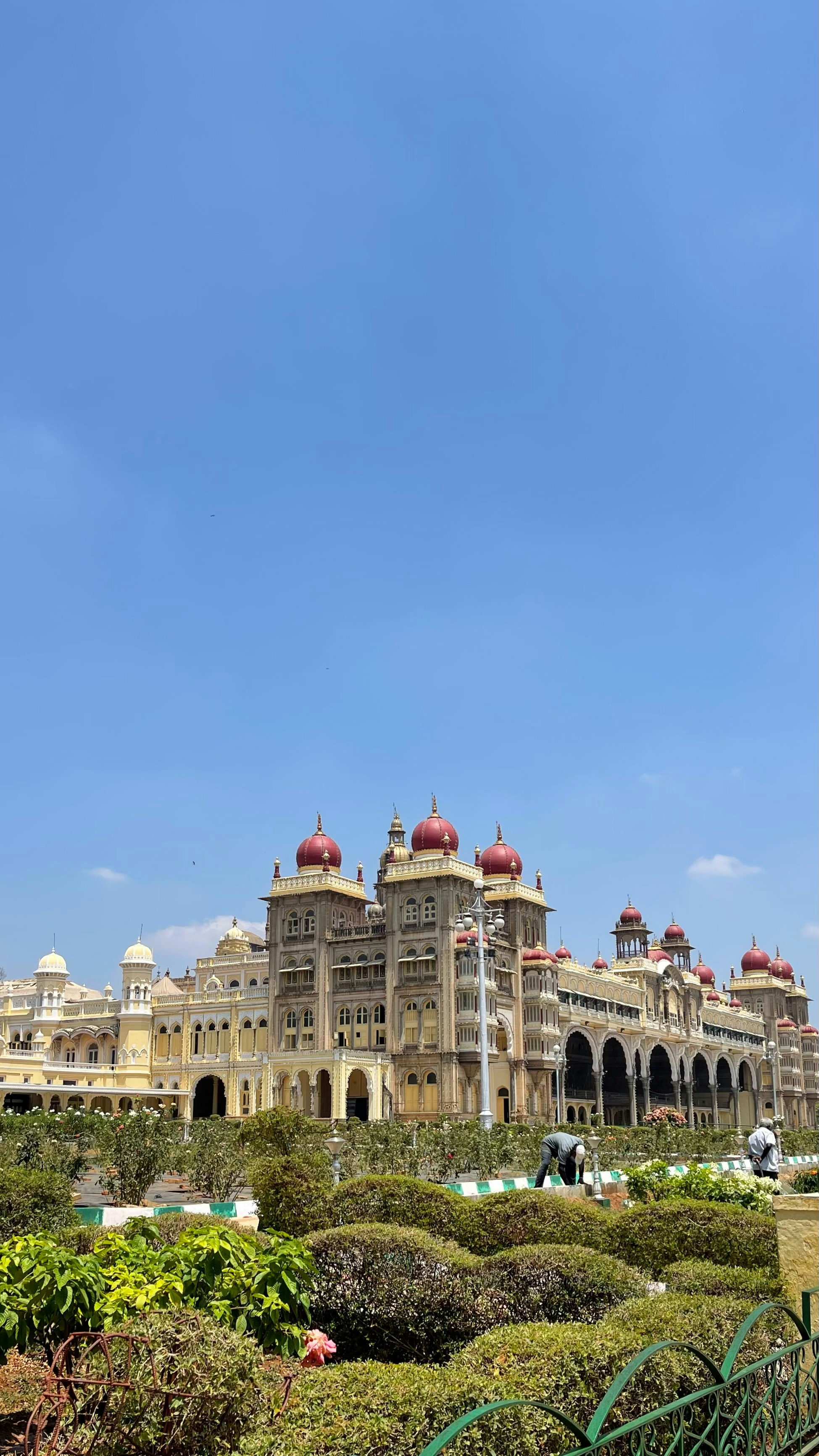 The grand Mysore Palace showcases intricate architecture and vibrant domes against a clear blue sky, surrounded by lush gardens.