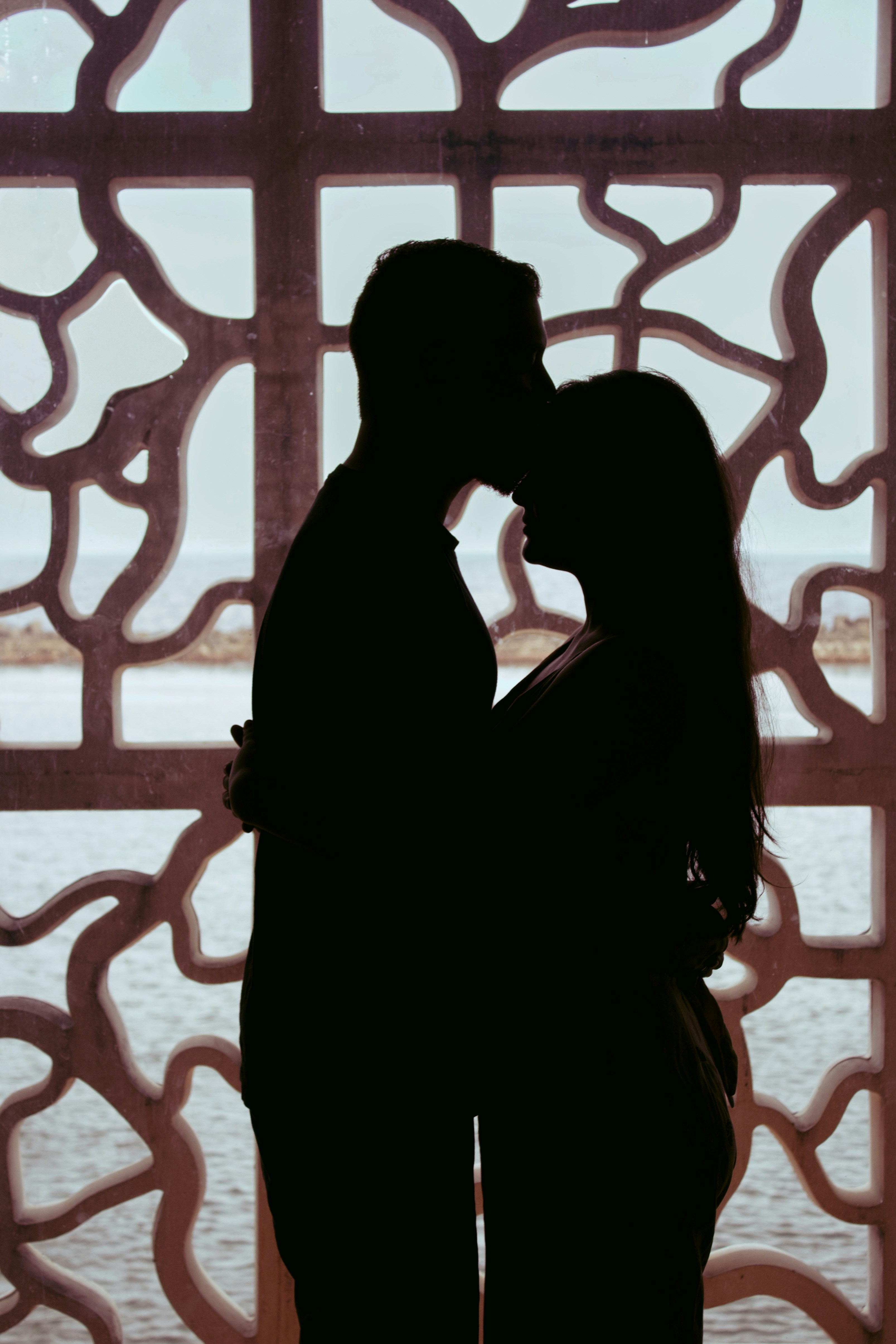 A silhouette of a couple kissing in front of a window photo – Free ...