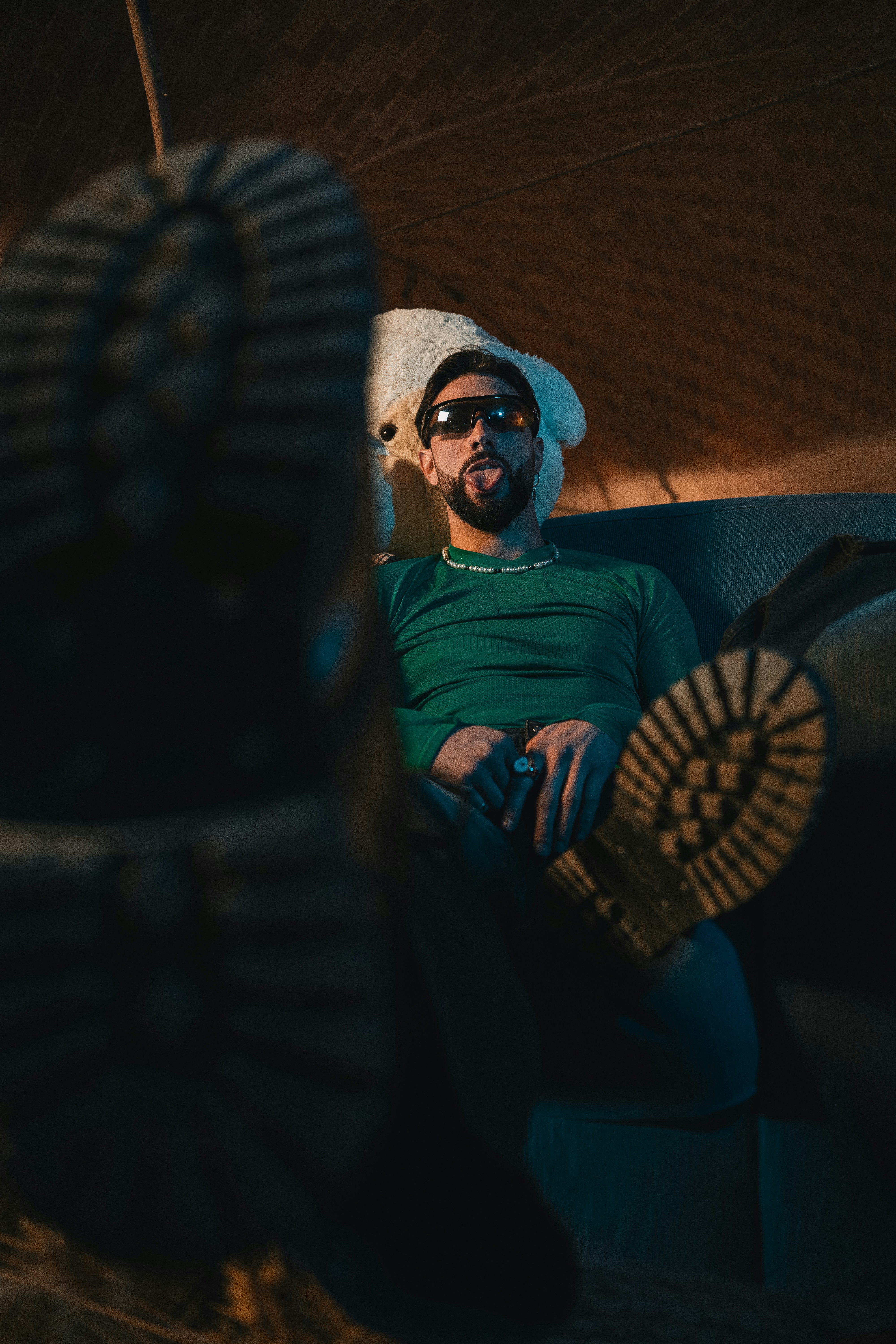 Low-angle Lounge: Confidence in a Neon-green Tee