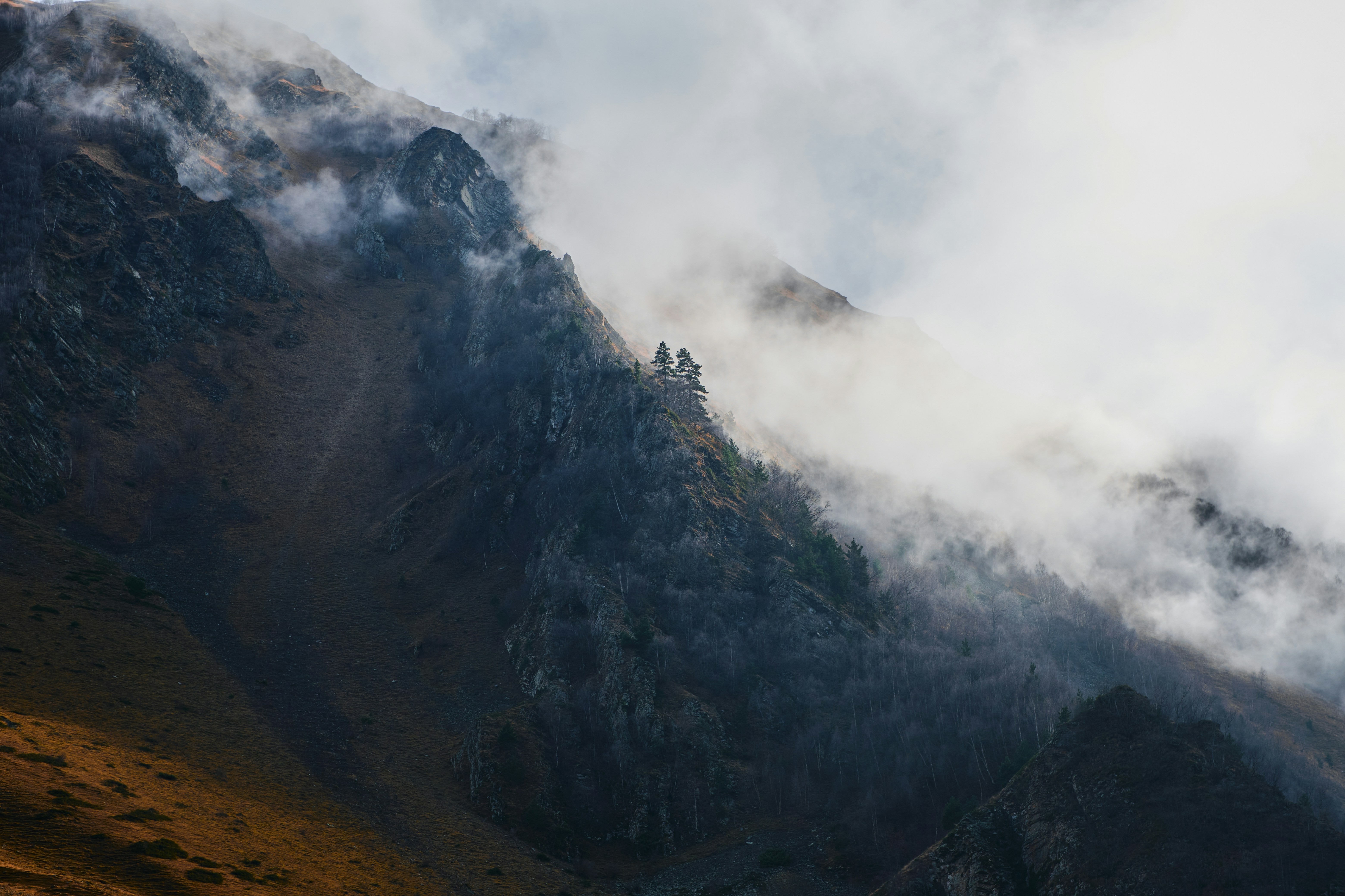 A mountain covered in fog and clouds on a cloudy day photo – Free Grey ...