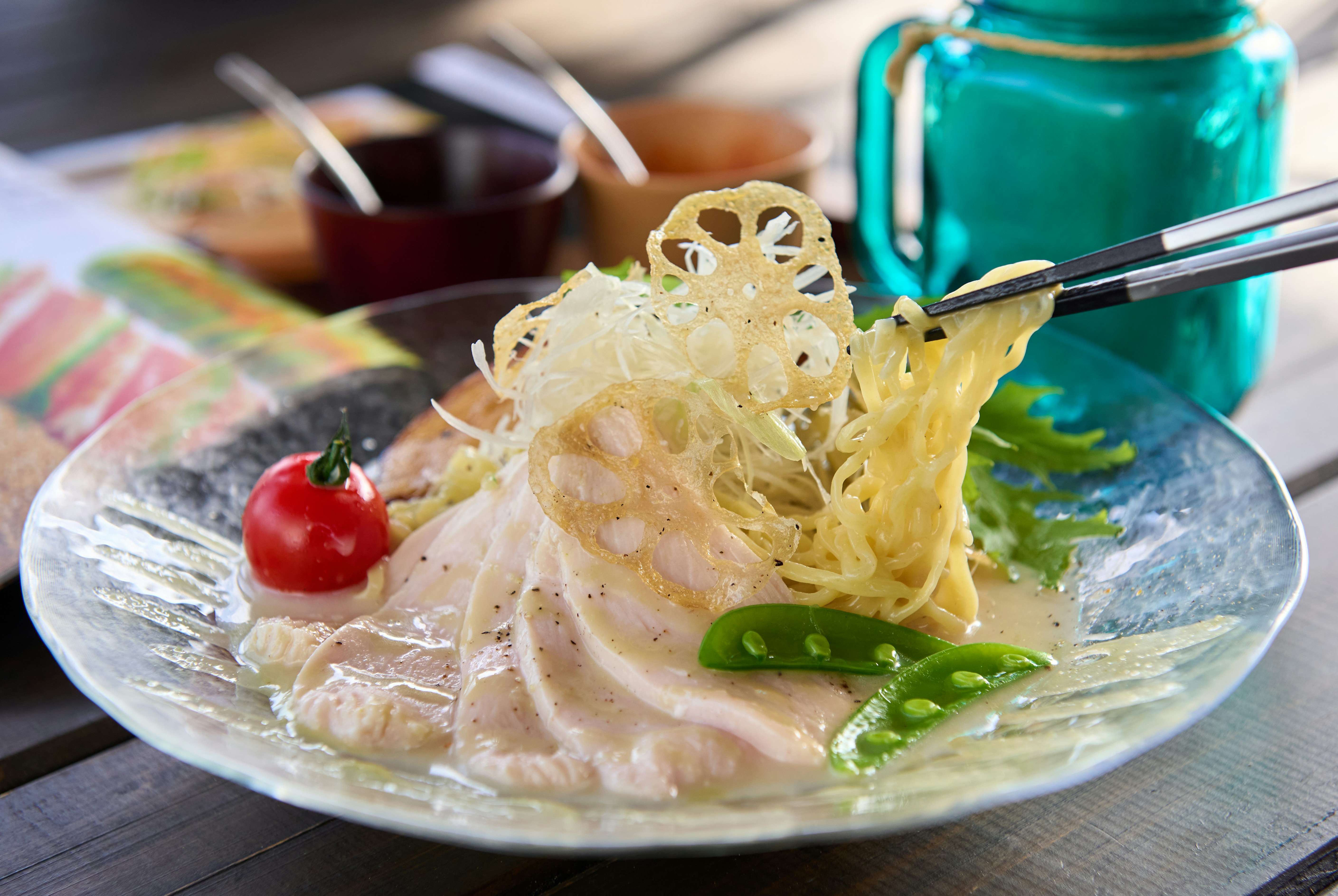 Creamy Chicken on a Velvet Noodle Nest with Lotus-Lace Crisps