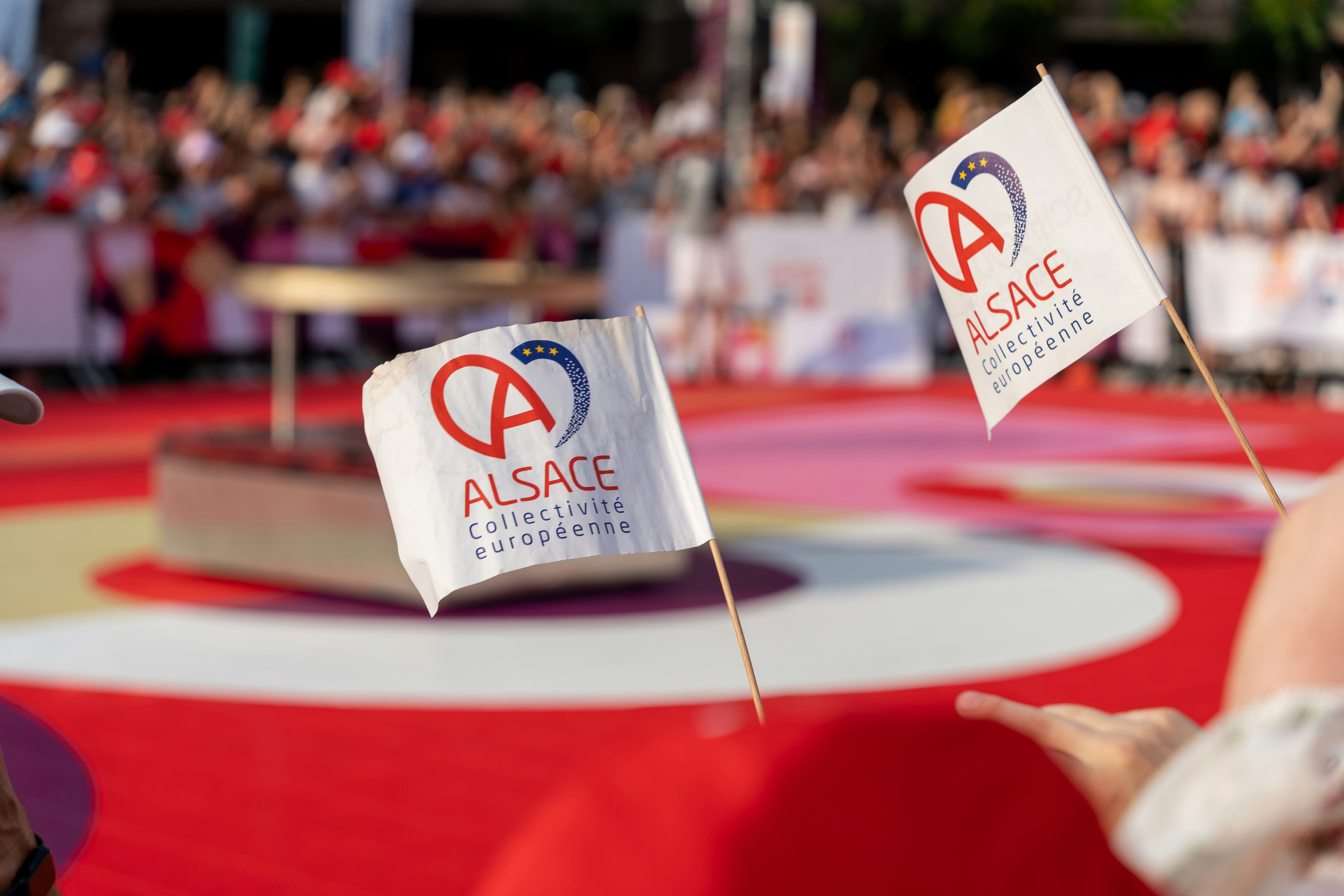 Flag Duo Over the Circular Arena: ALSACE Emblems in Motion