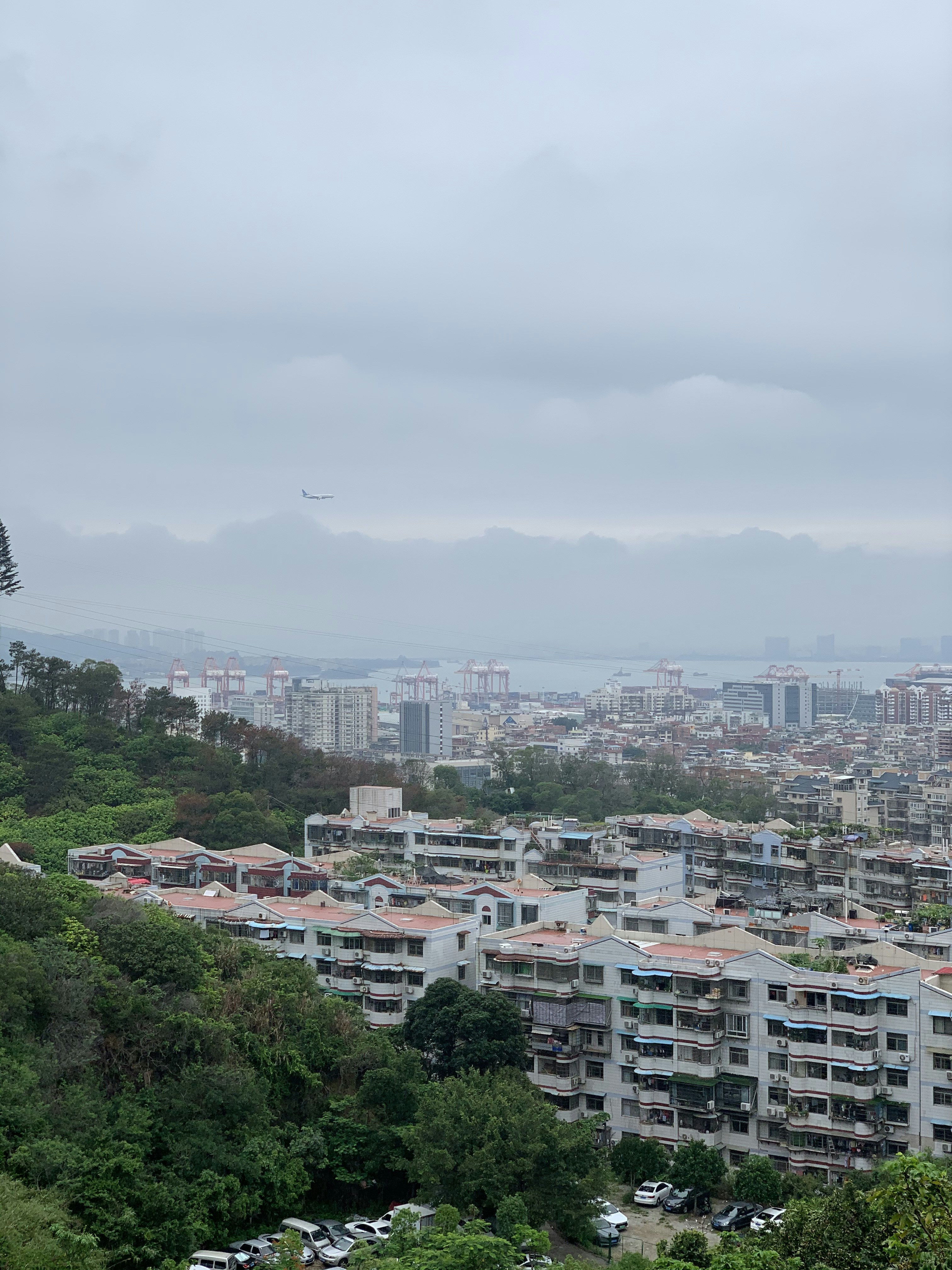 Overcast Ridge: A Plane Silhouetted Against a Distant Harbor