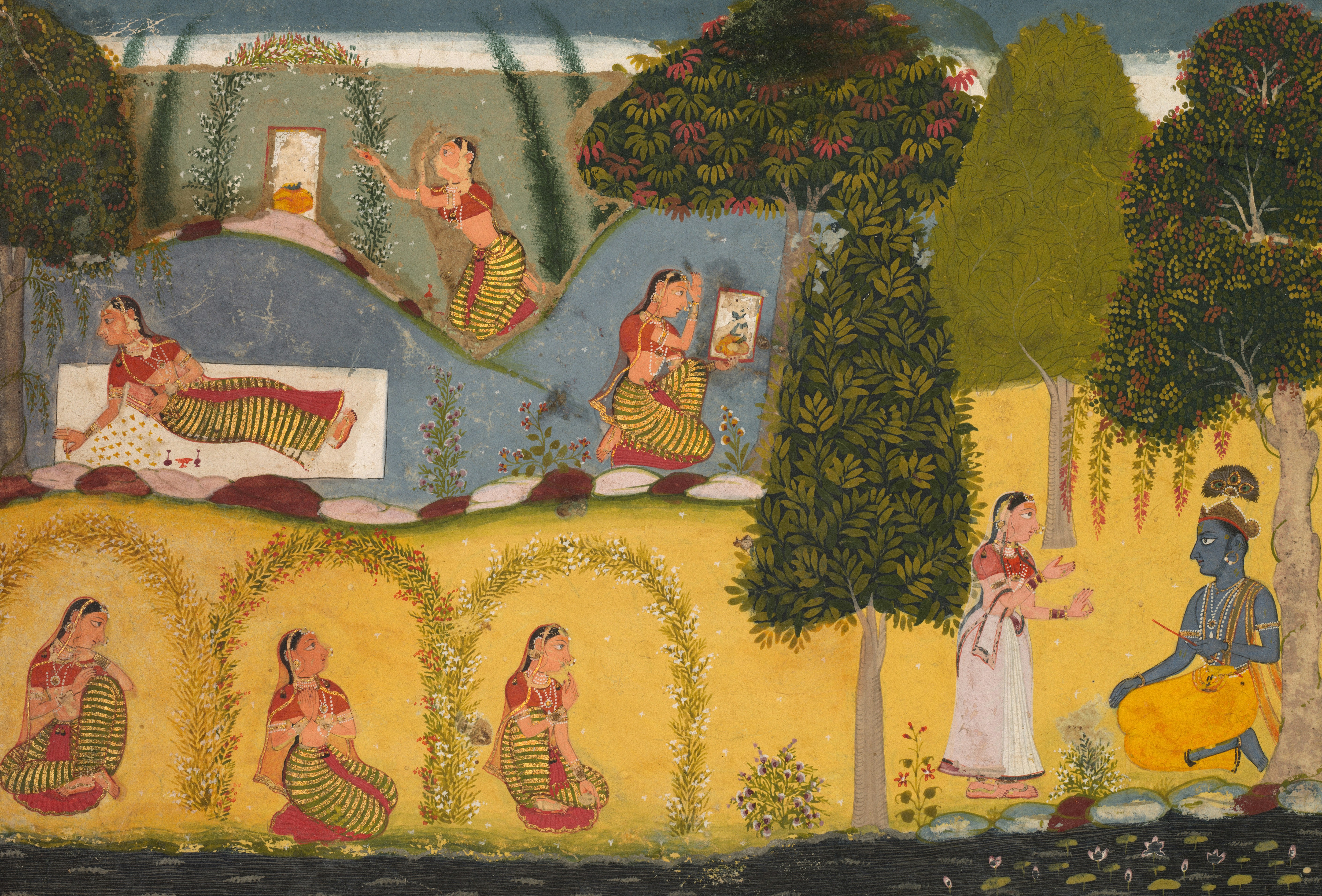 Intricate Indian painting depicting Radha and Krishna in a lush garden, rich in color and detail.