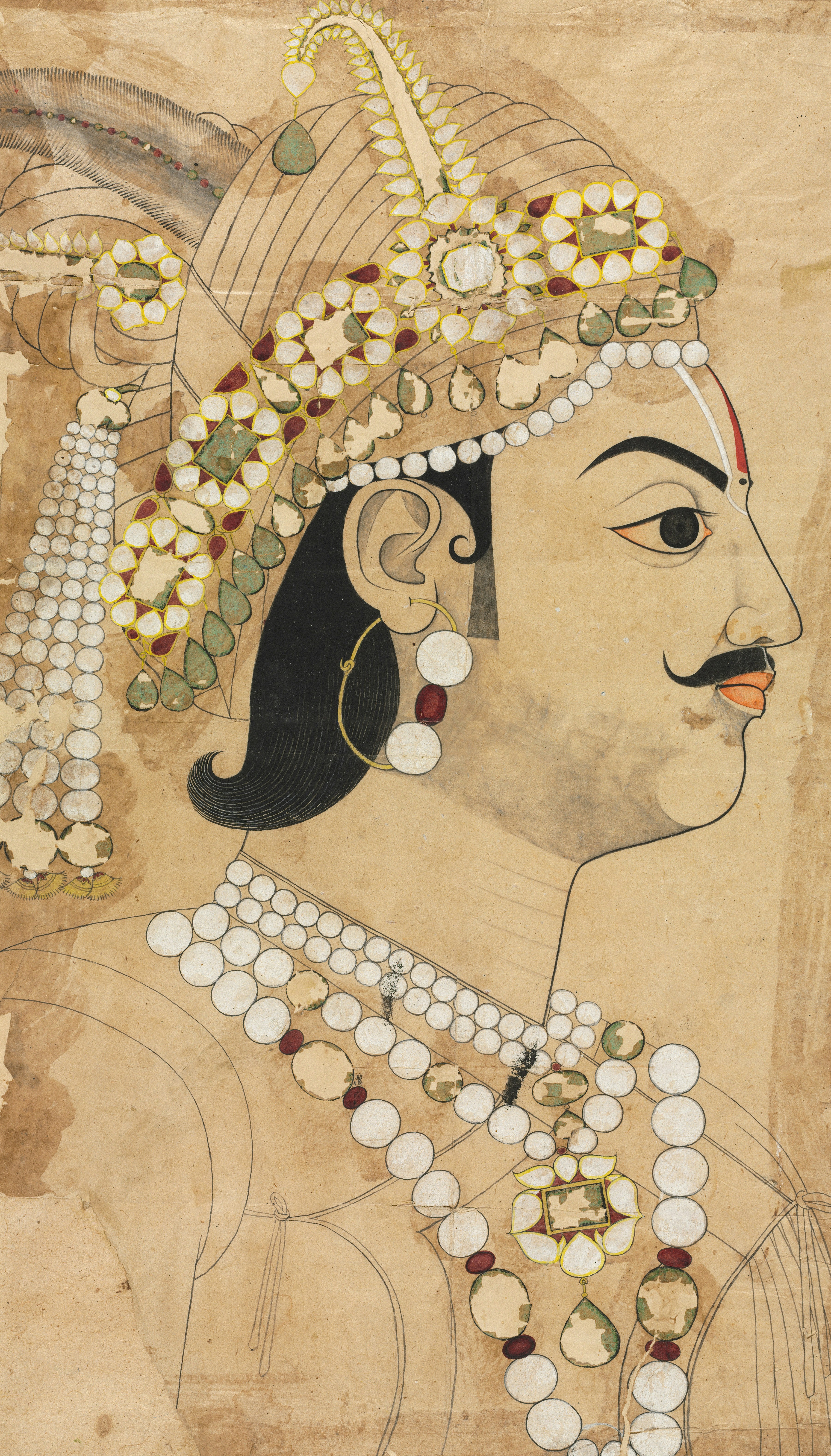 Illustration of a regal Mughal profile adorned with layered pearl necklaces and an ornate jeweled turban on a parchment-toned canvas.