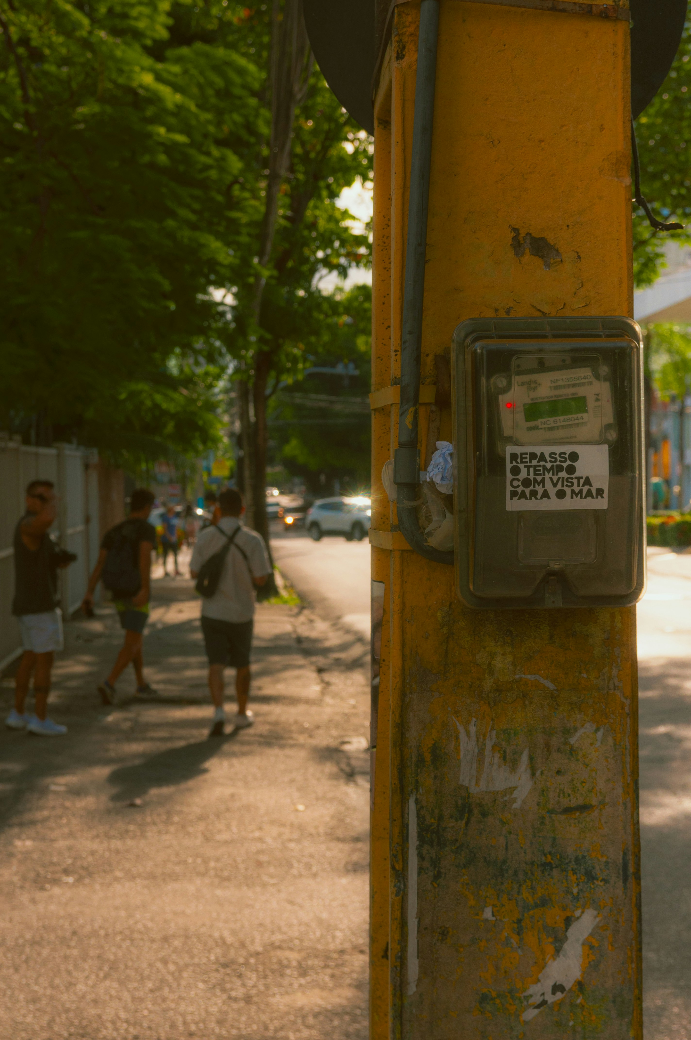 A weathered utility box on a yellow pole stands against a backdrop of pedestrians and greenery, capturing the essence of urban life.