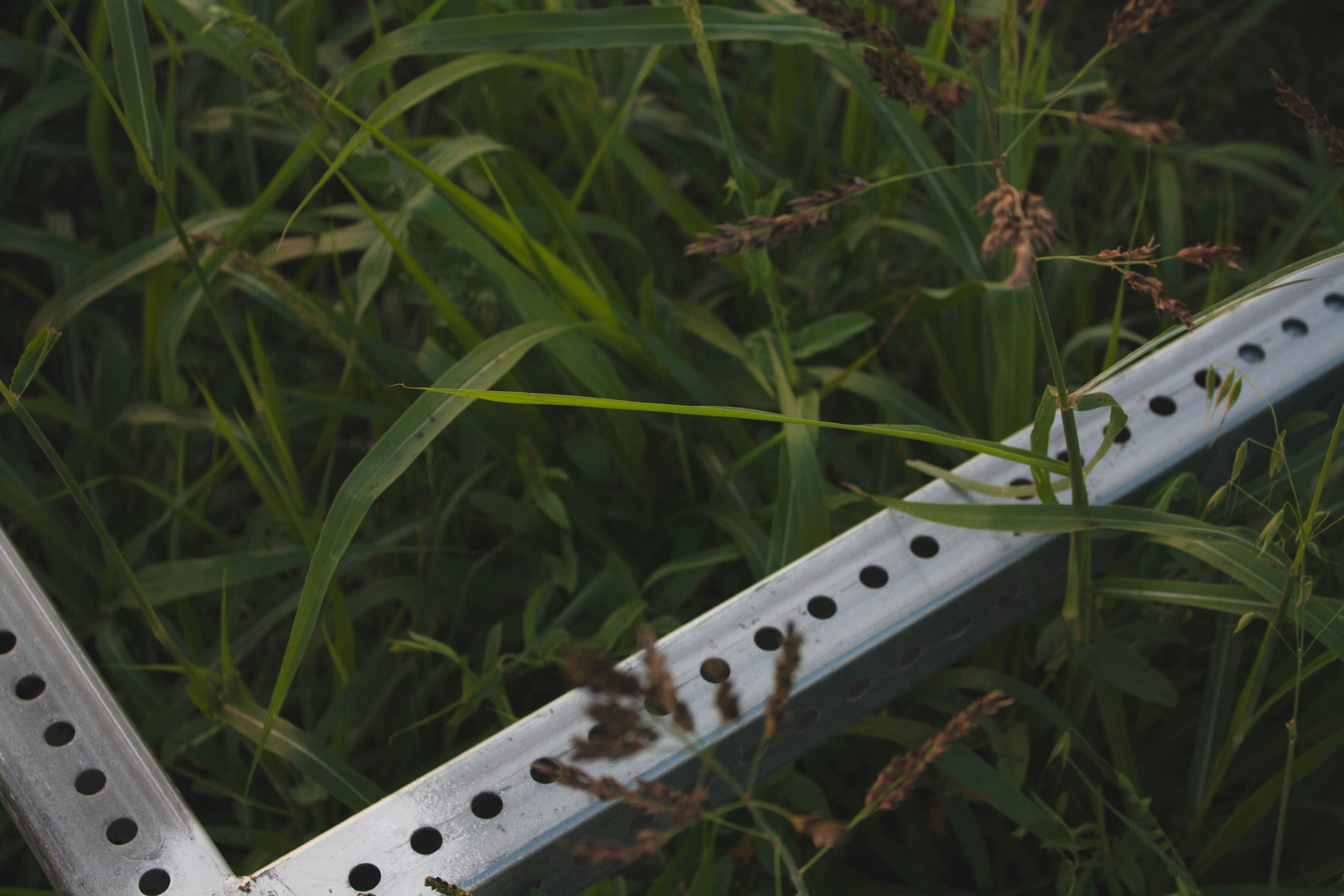 A close up of a metal object in the grass