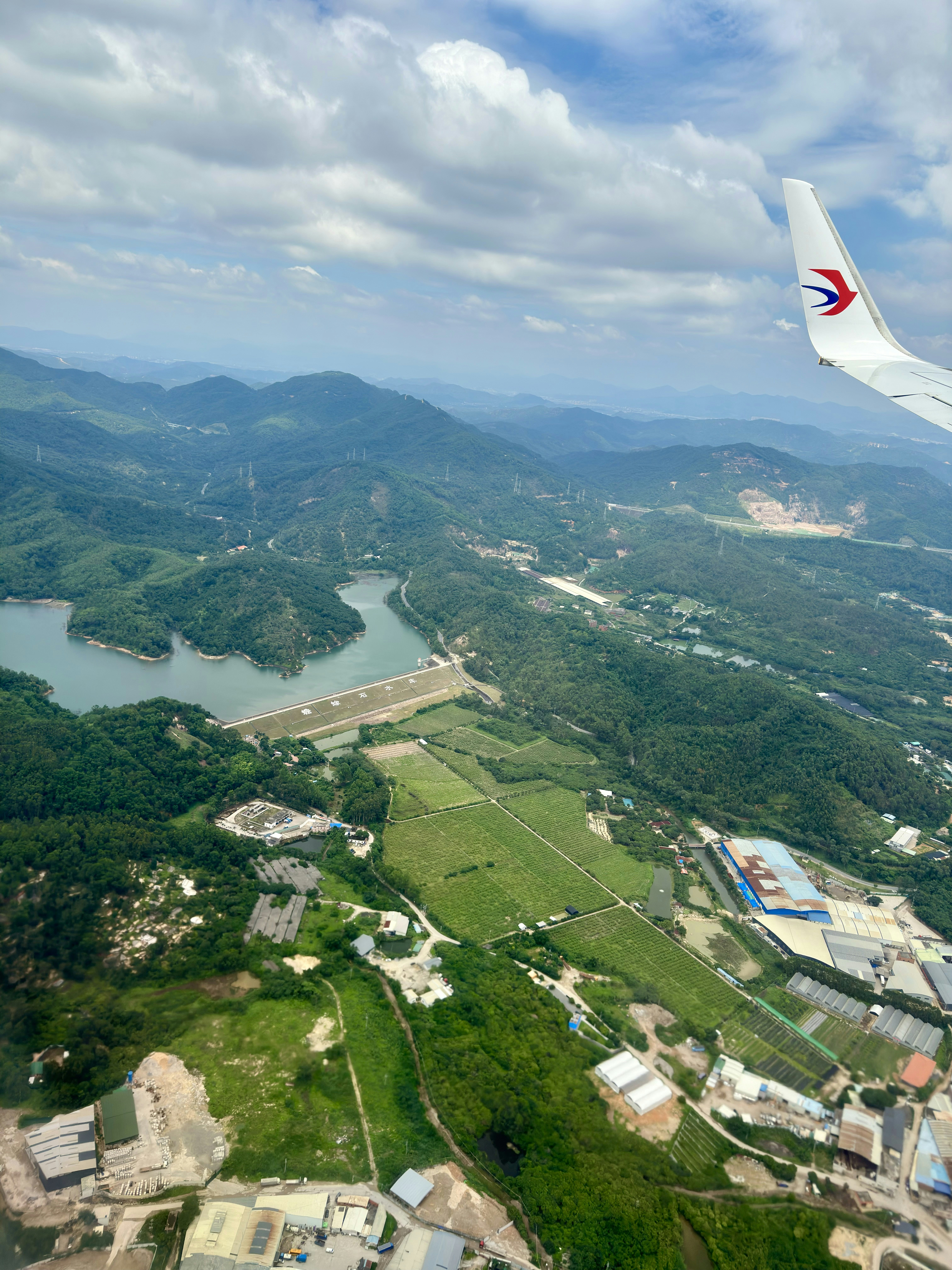 Wing-View Over Verdant Valleys: Dam, River and Patchwork Fields