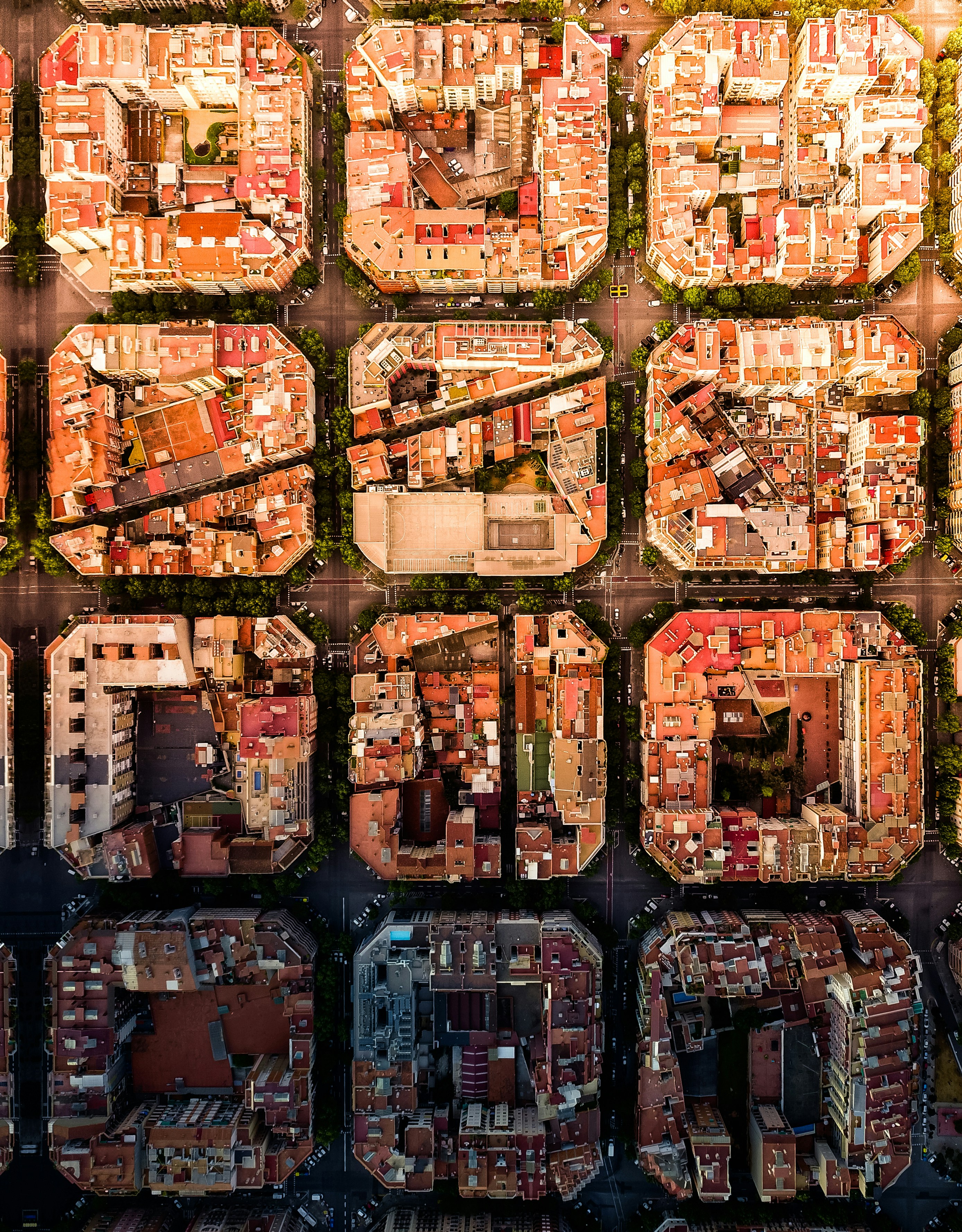 Geometric city blocks form a symmetrical grid with vibrant rooftops and intersecting streets.