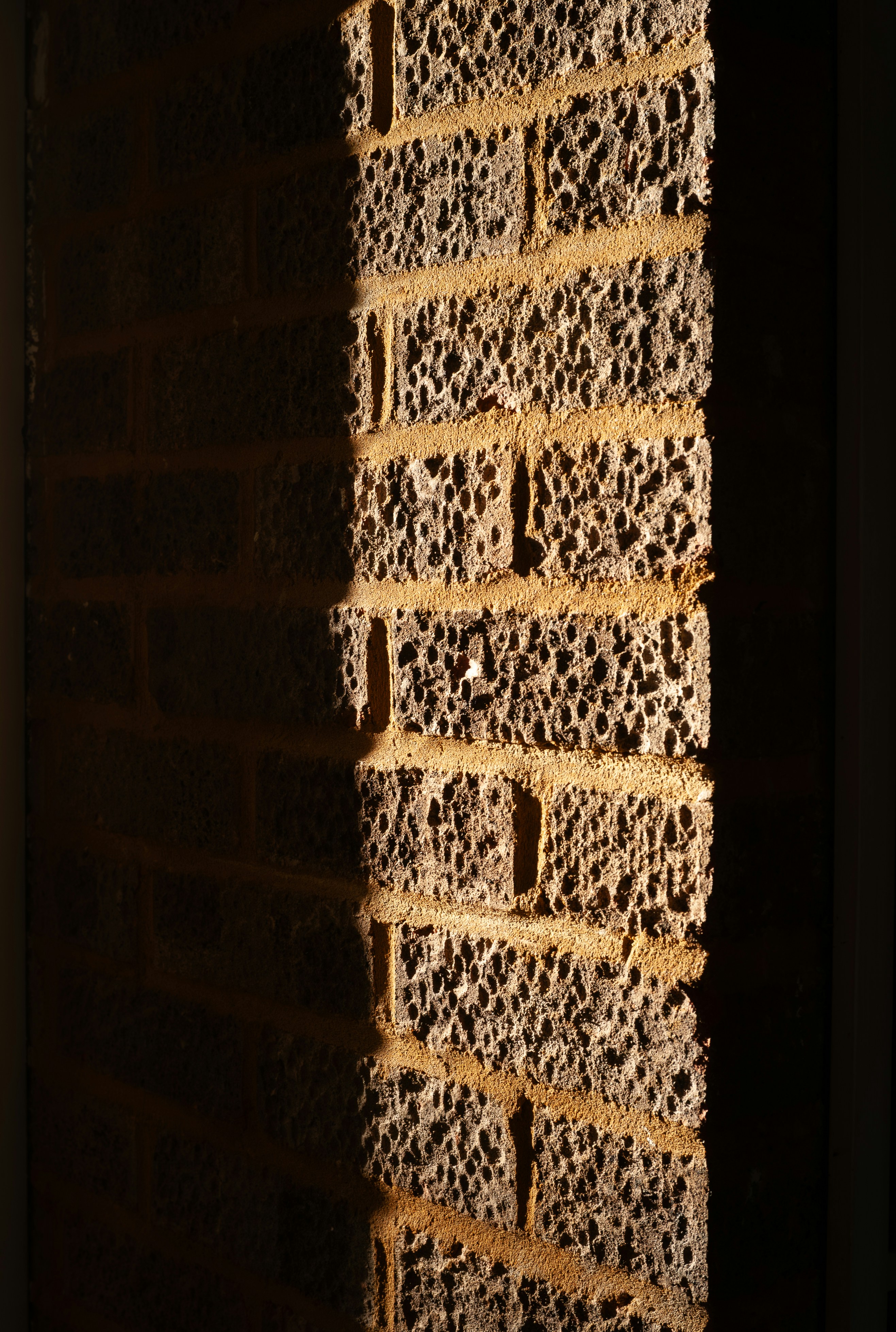 Close-up photograph of a brick wall lit from the left, revealing rough texture and strong contrast with deep shadows toward the right.