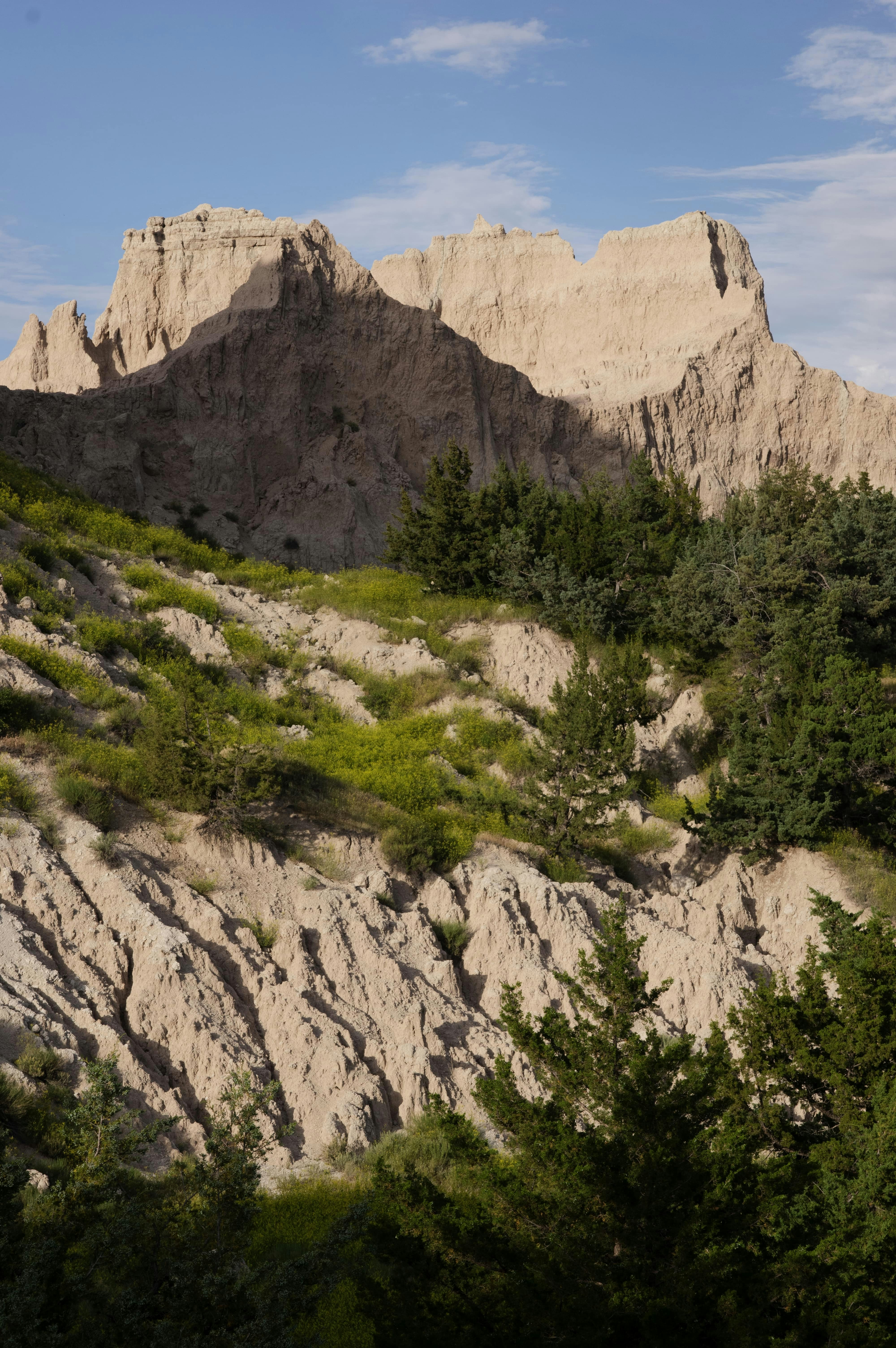 A large mountain with trees on the side of it photo – Free Badlands ...