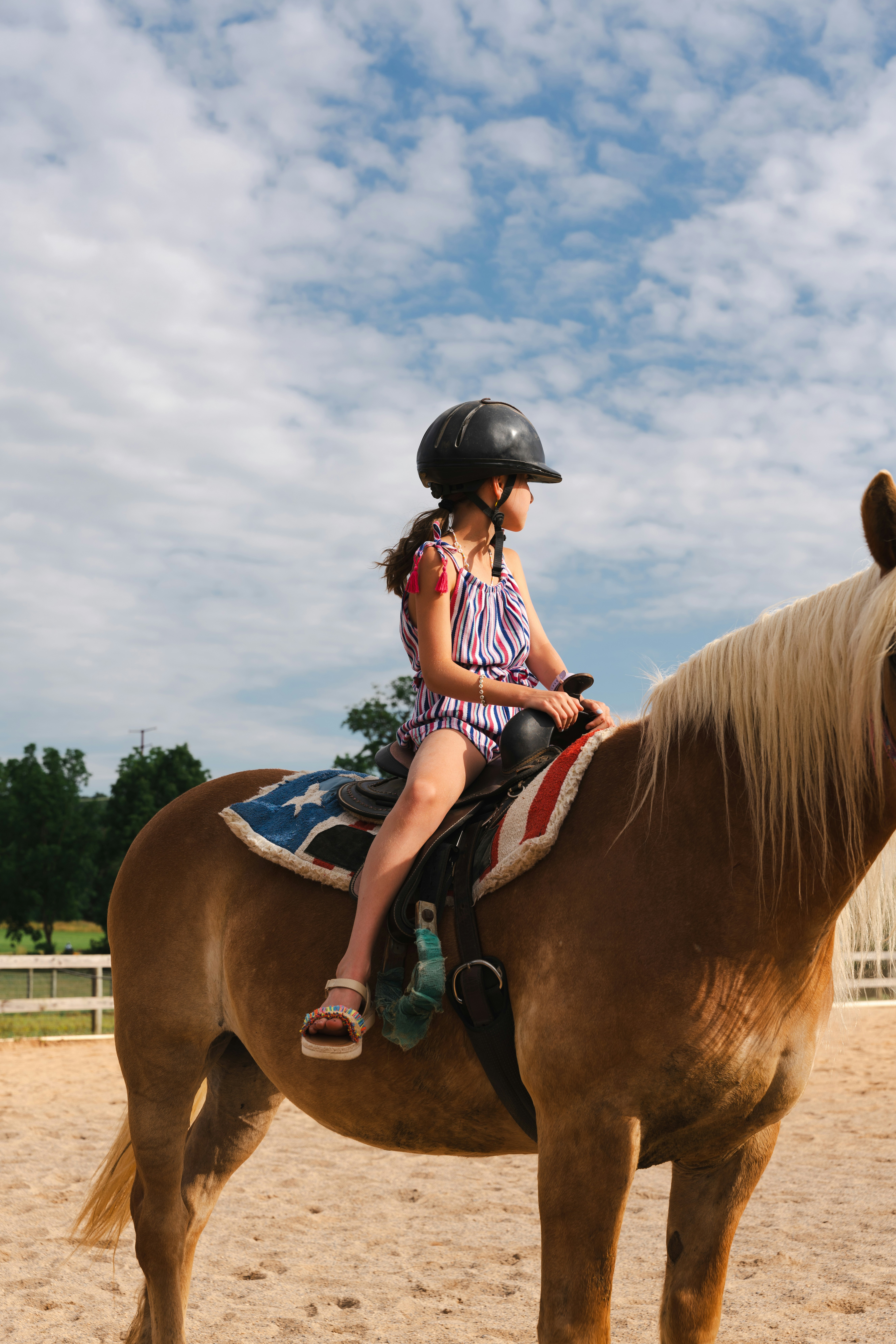 Patriotic Saddle, Sunlit Arena: A Young Rider's Moment