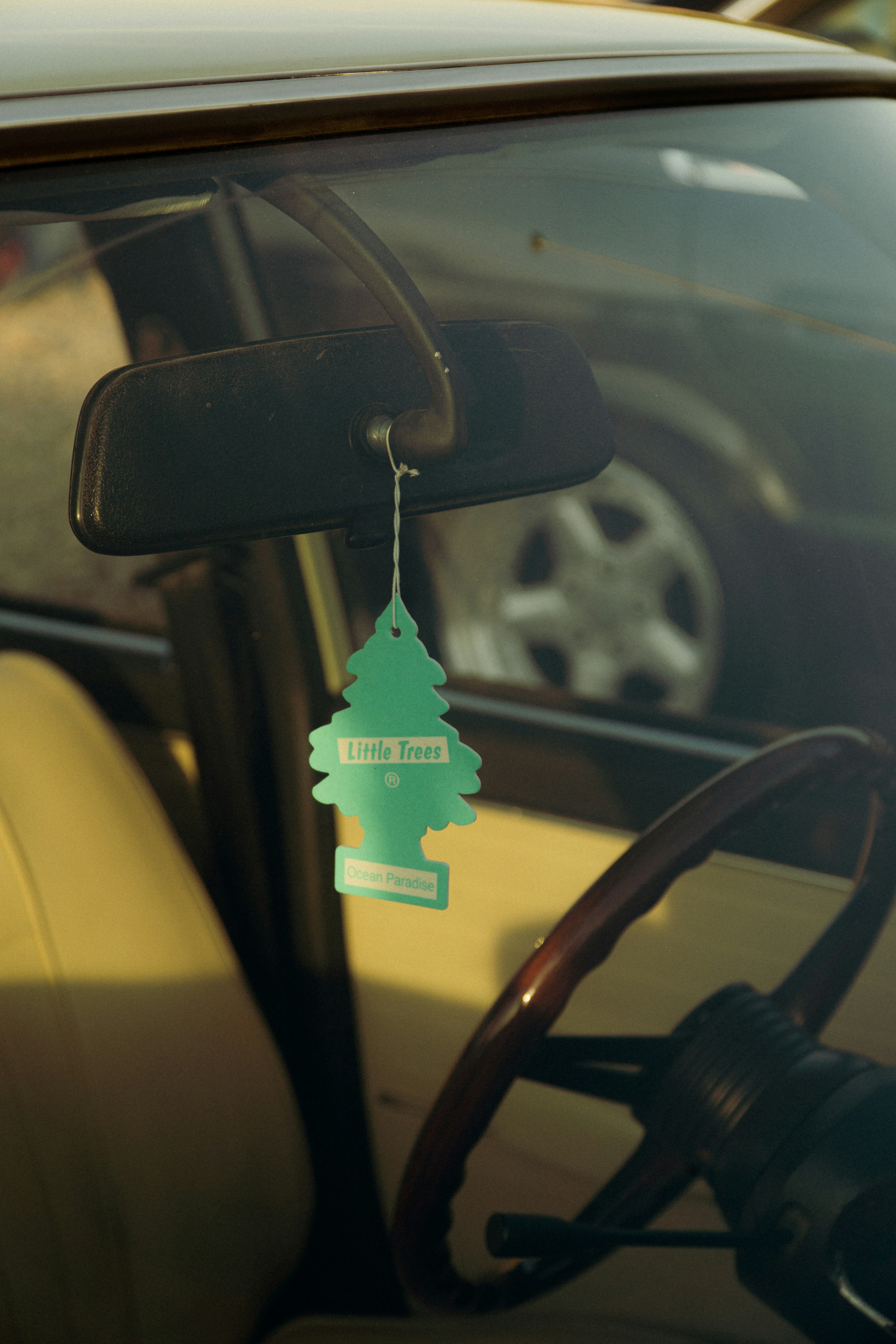 Hanging Green Tree Air Freshener in Classic Car