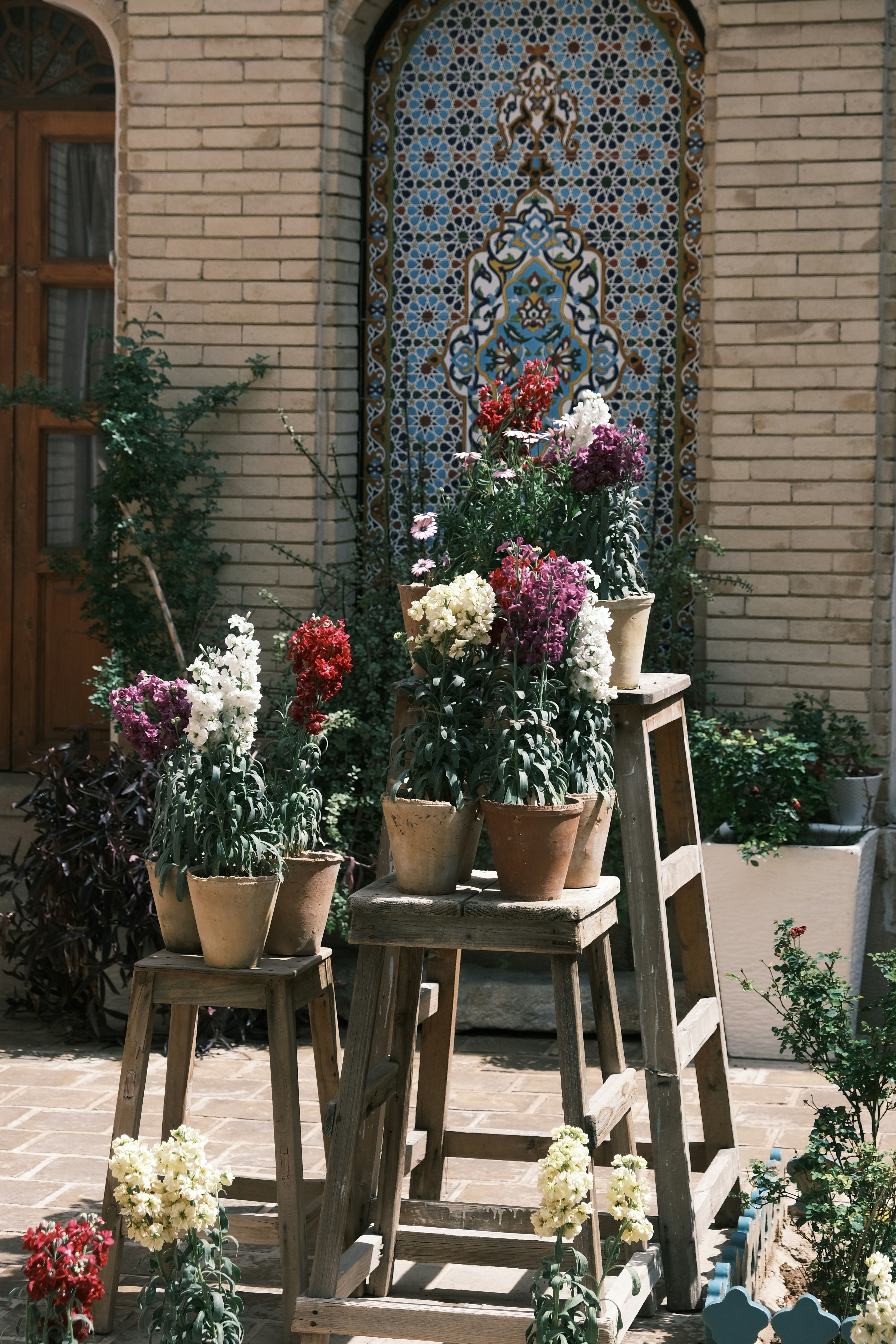 A Staircase Garden Framed by Decorative Archway