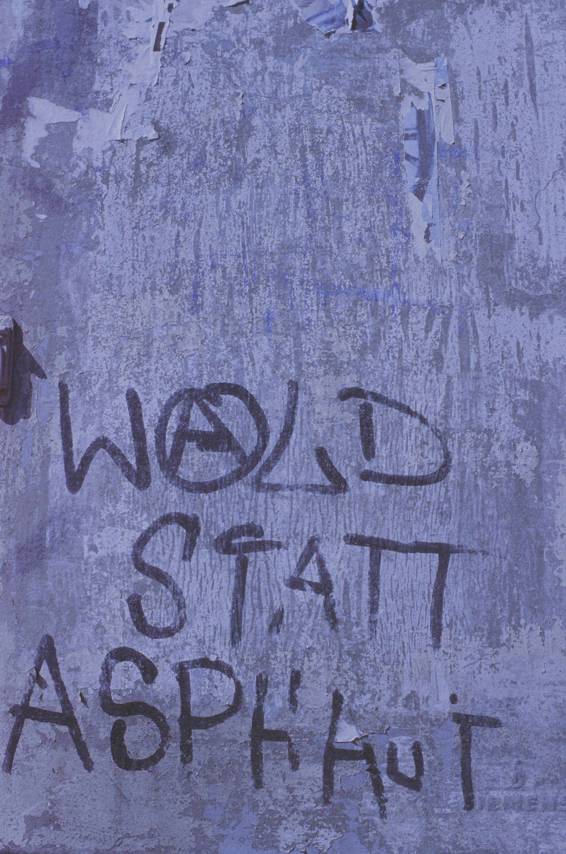 Graffiti featuring anarchist symbols and fragmented text on a textured wall. The artwork reflects urban dissent and social commentary.