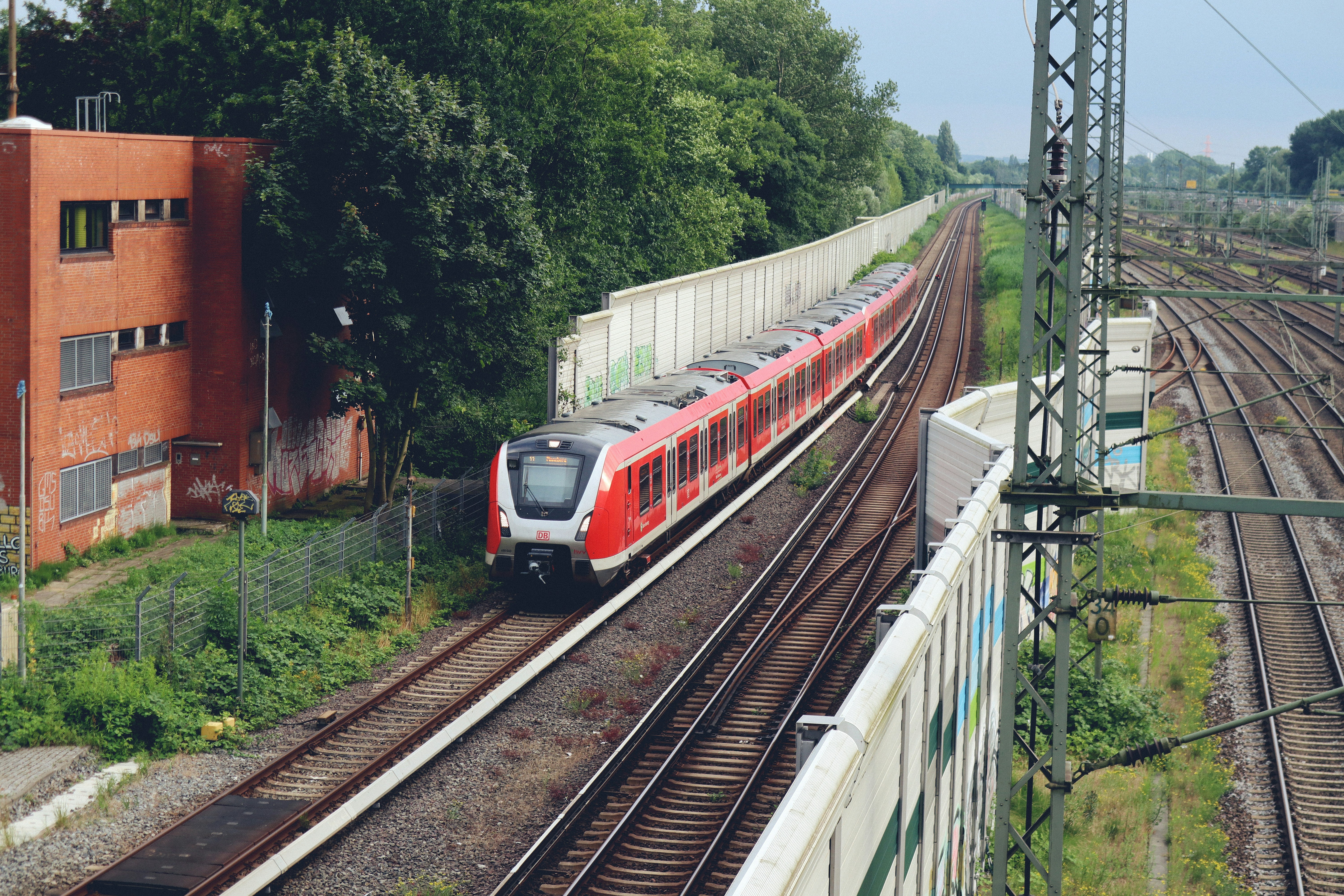 Nose-First Rush: Red Intercity Train on Elevated Tracks Through Greenery