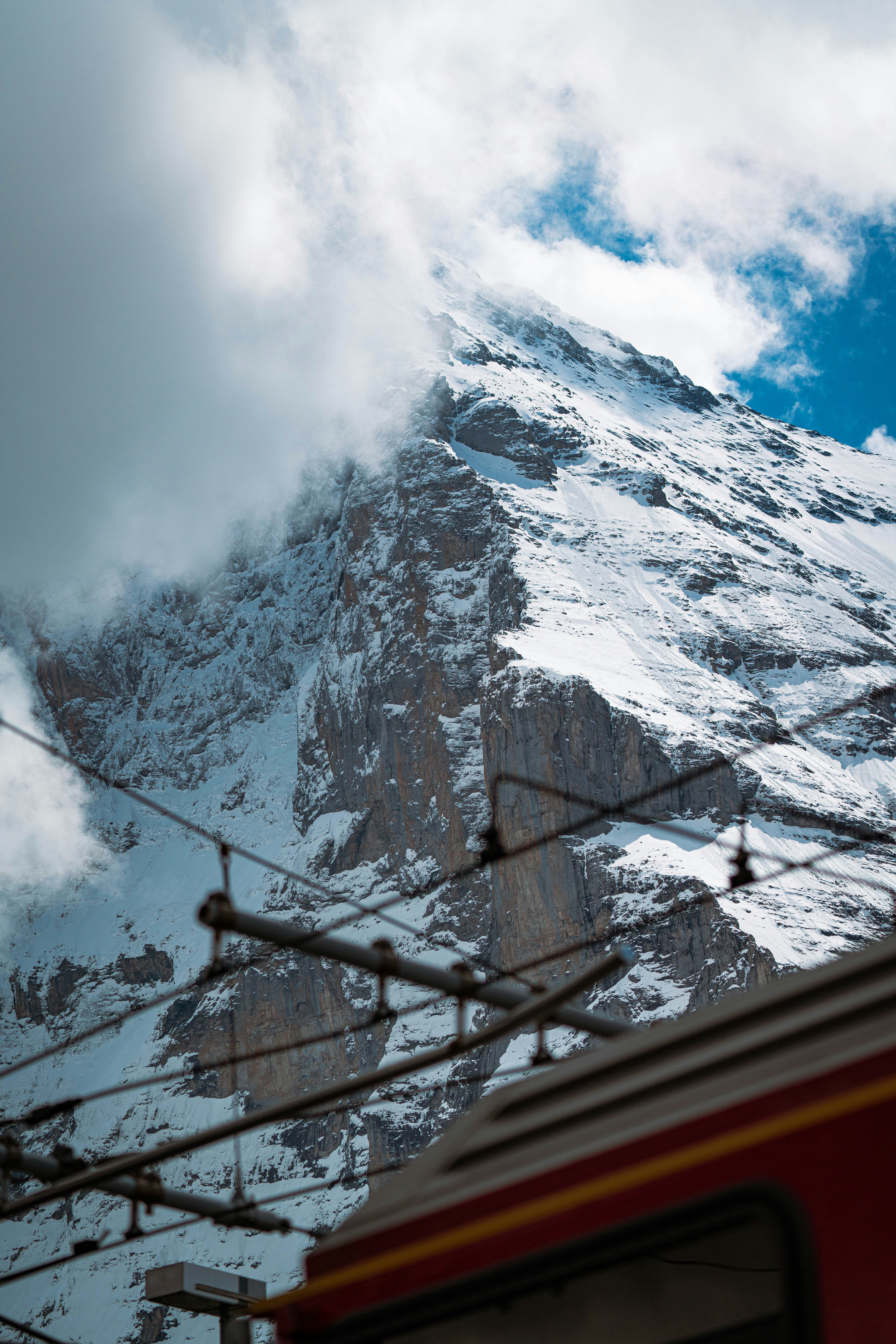 Snowbound Peak Framed by Overhead Cables