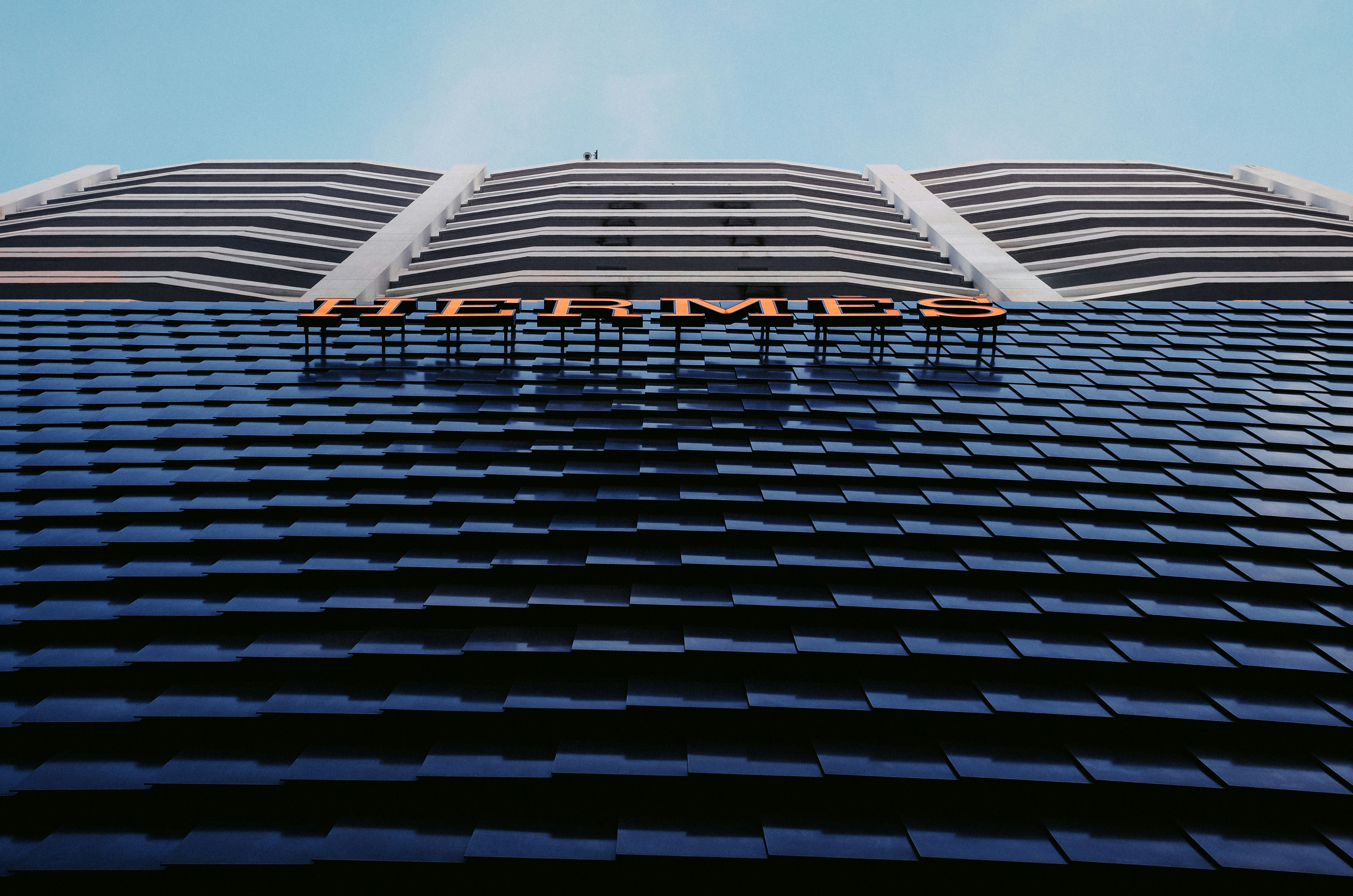 Cobalt Facade with an Orange Crown: A Low-Angle Architecture Portrait