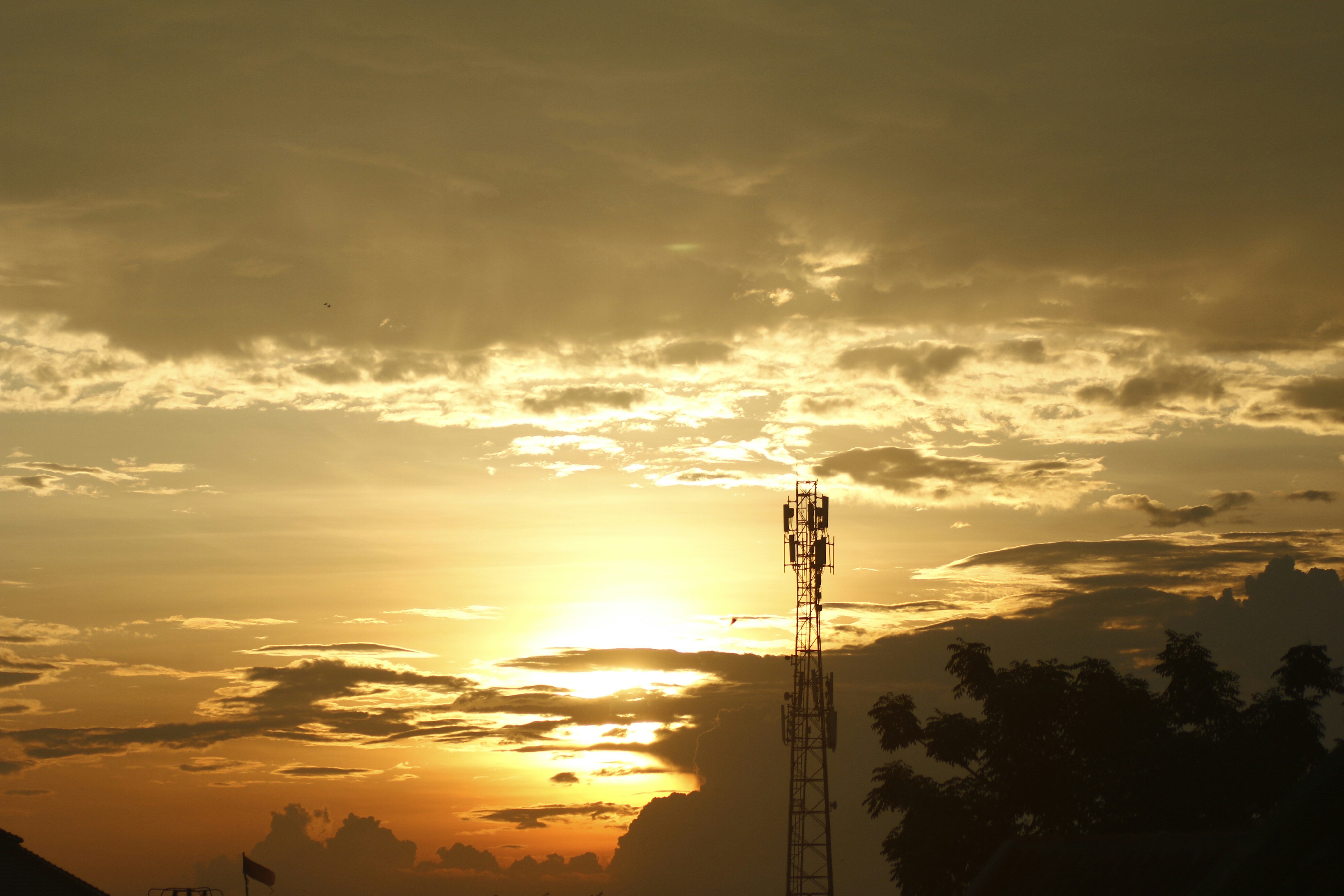 Dusk on the Skyline: Silhouette of a Transmission Tower Against a Golden Sky