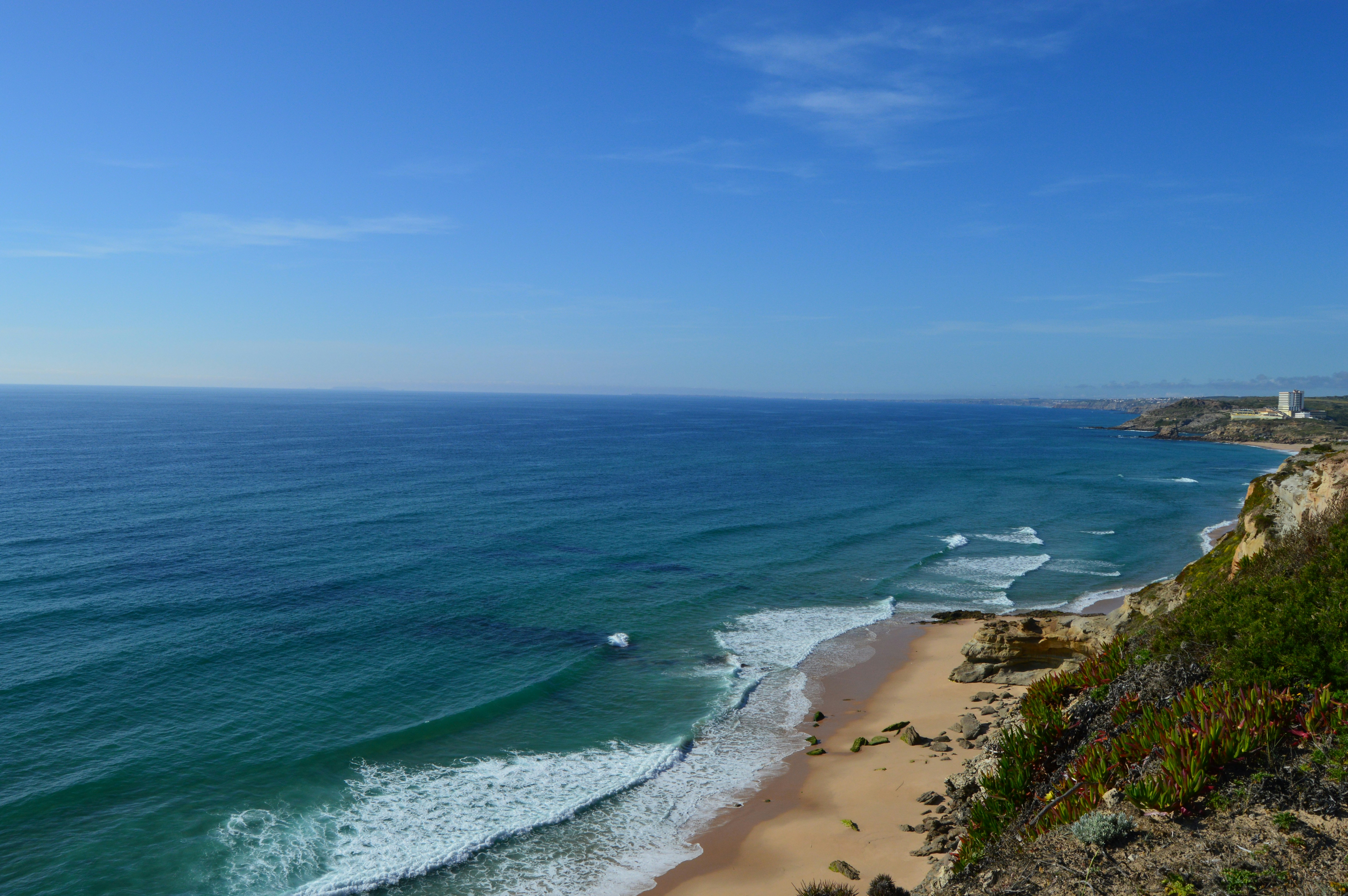 Vast ocean meets golden sandy beach under a clear blue sky, viewed from a cliff.