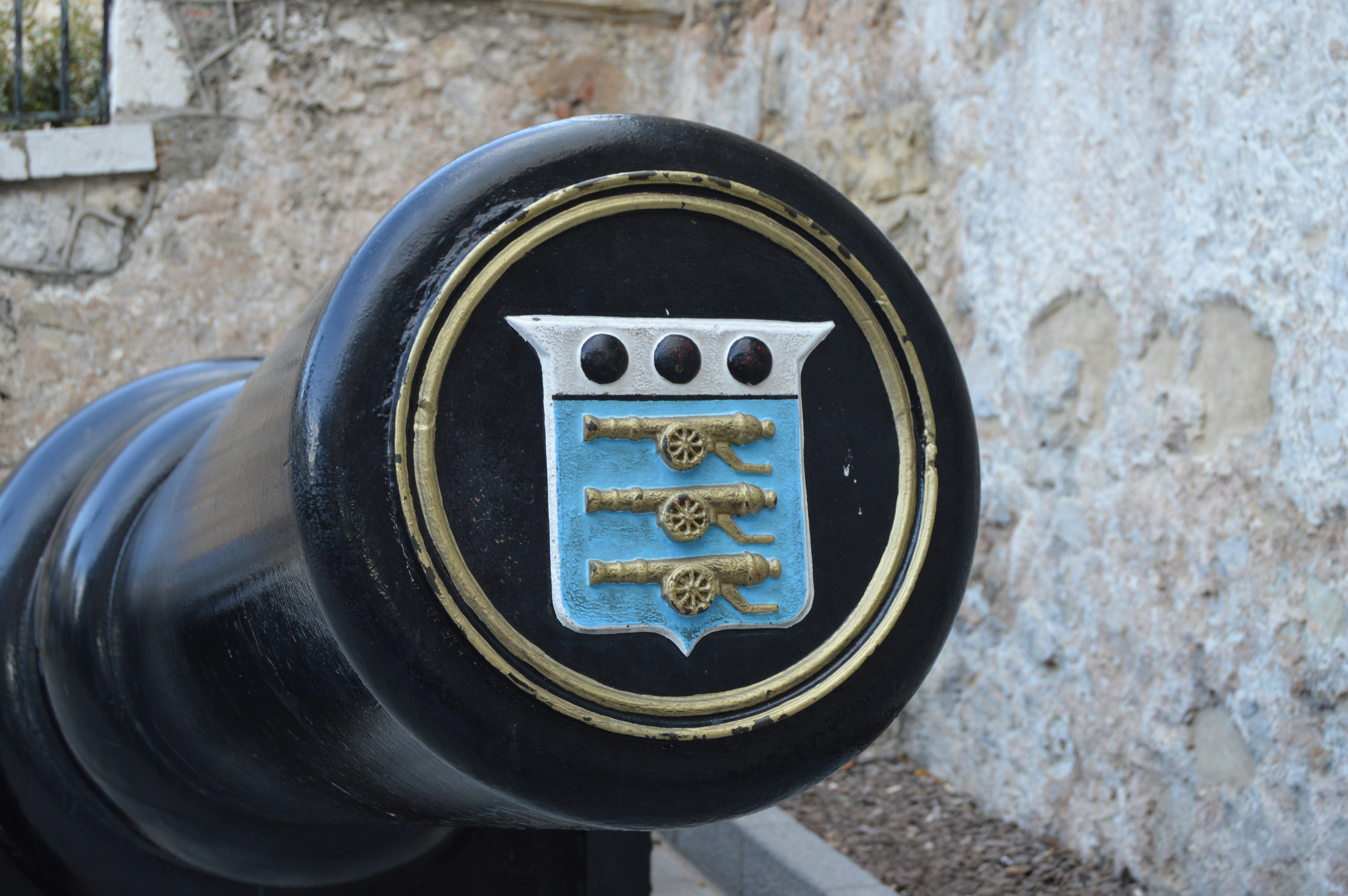 Crest in Focus: Shield Emblem Framed by a Coastal Telescope