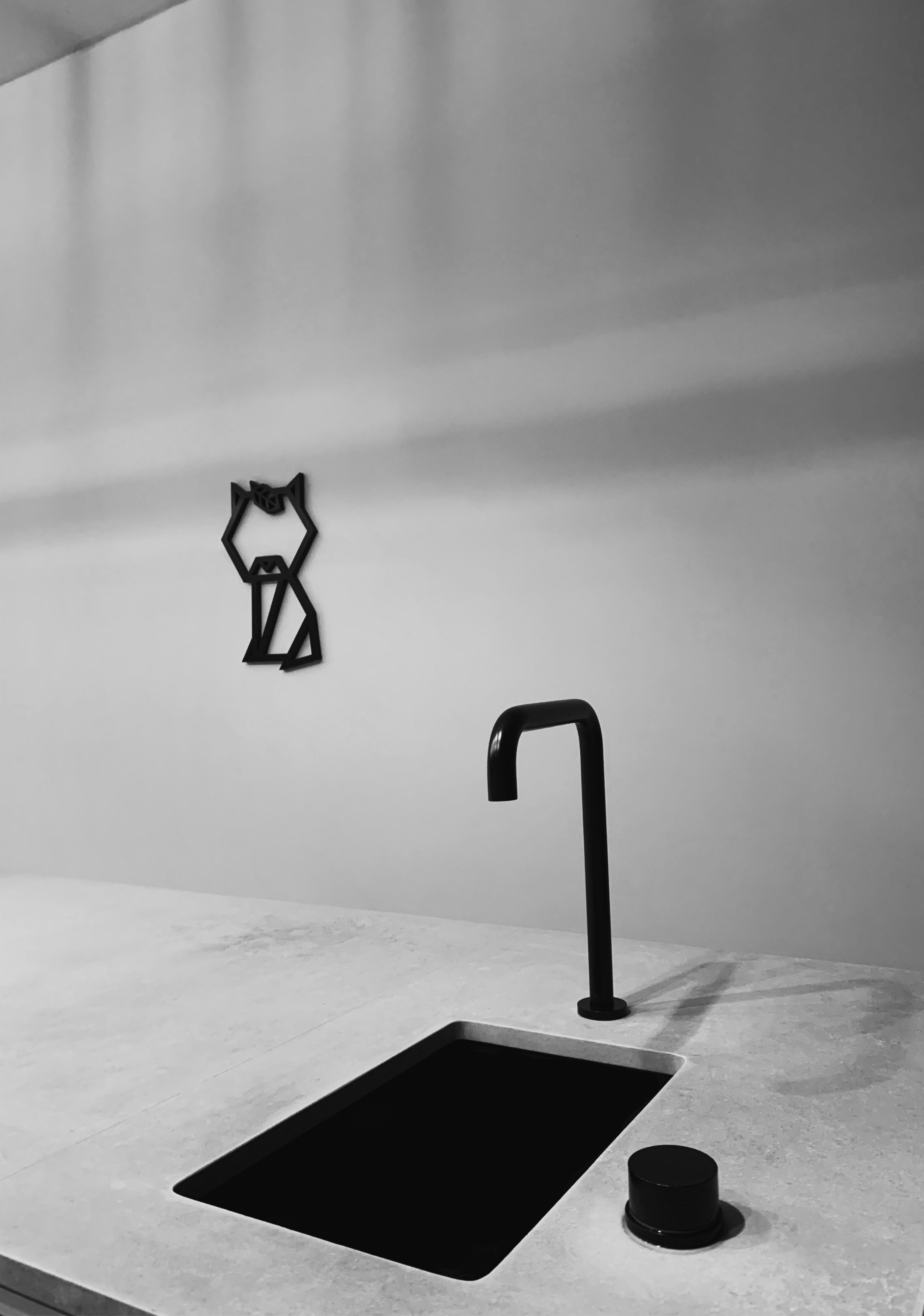 Geometric Cat Over a Matte Faucet: A Quiet Monochrome Kitchen Moment