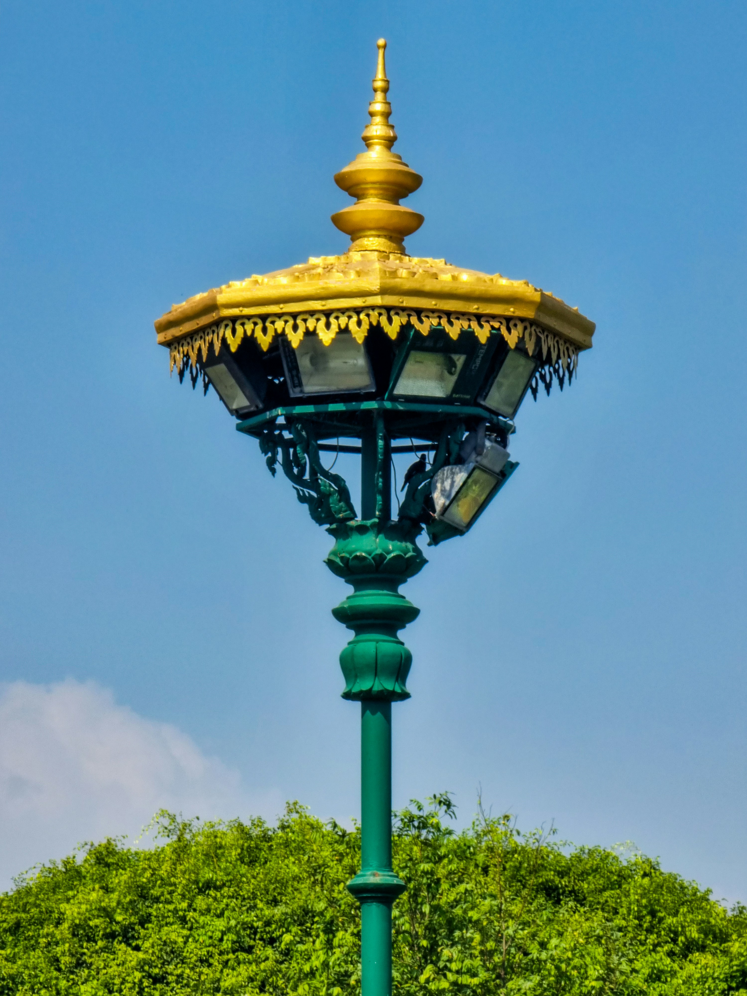Gilded Lantern Crowned by Sky: A Green Streetlamp Above a Lush Canopy