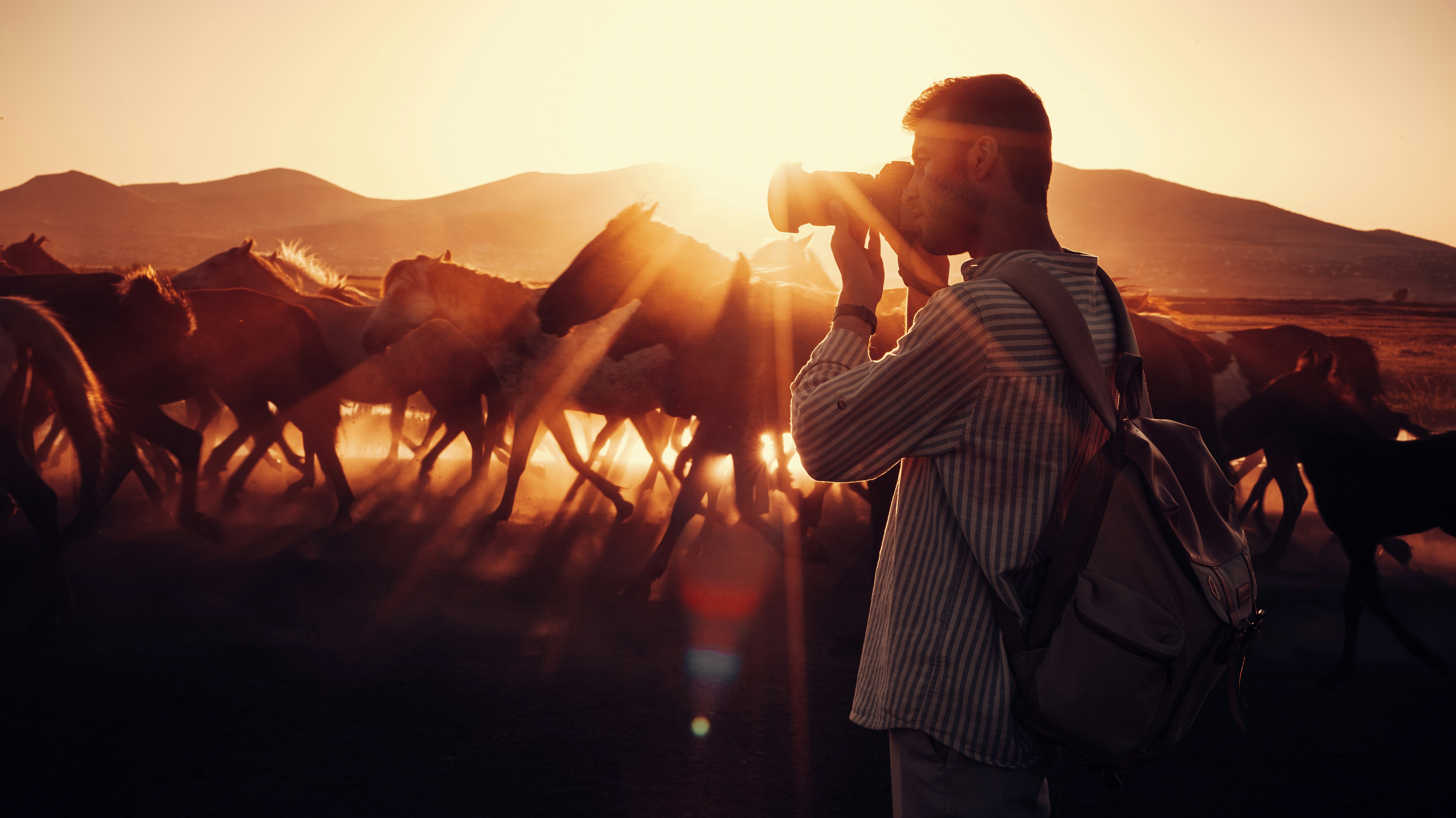 Sunset Pursuit: A Photographer Framing a Galloping Herd