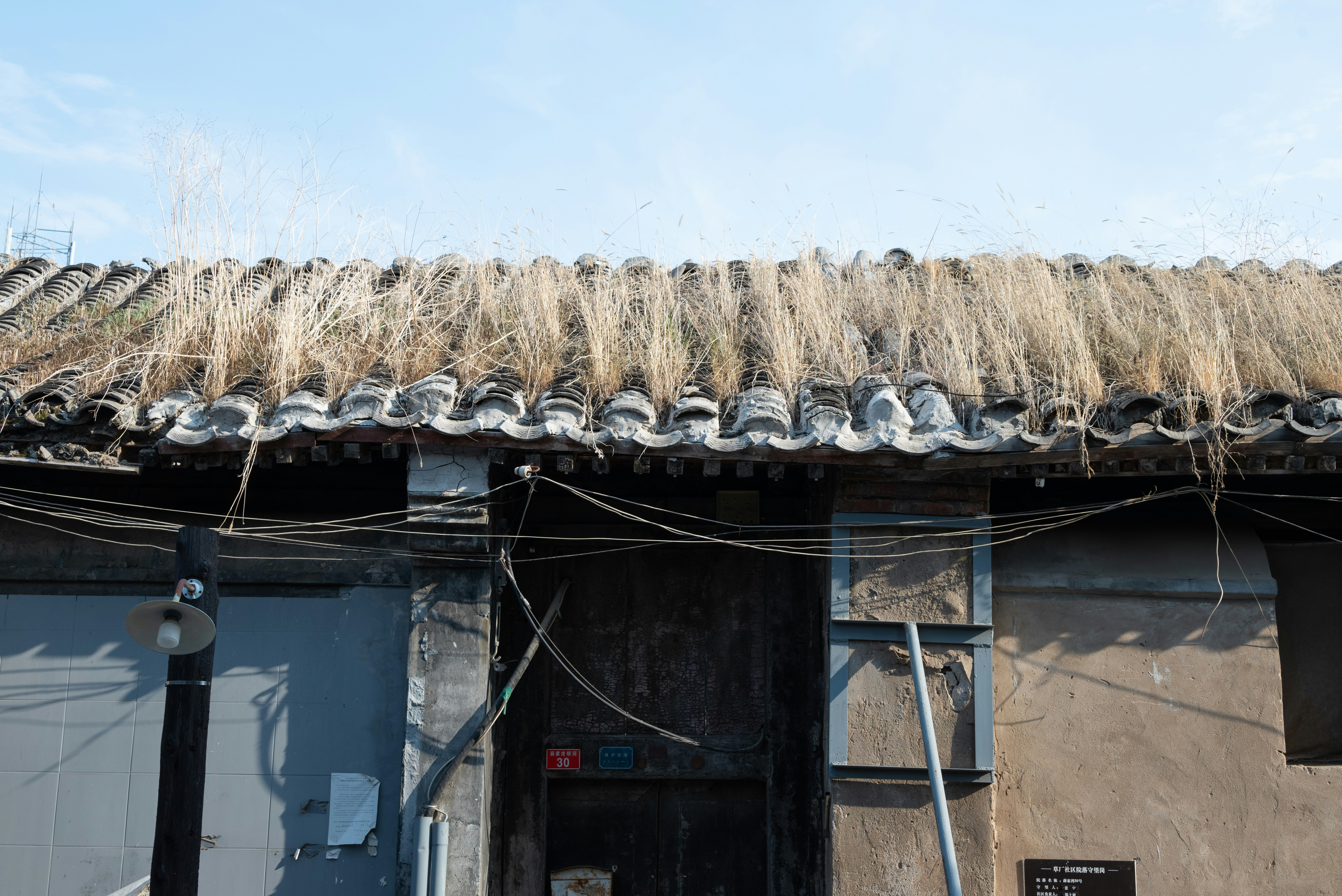 Thatched Roof, Wires, and a Weathered Threshold