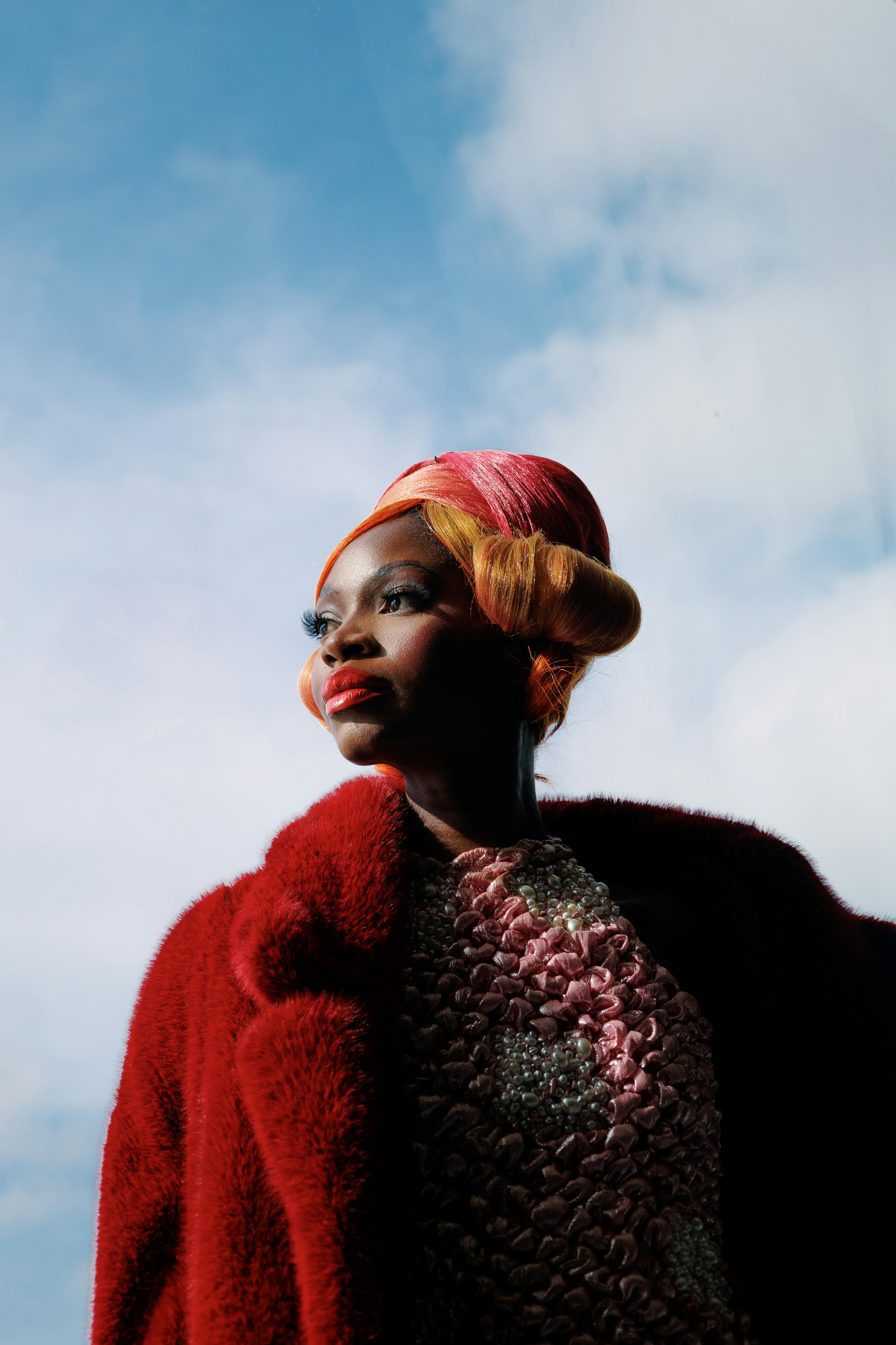 Crimson Velvet Under an Open Sky: A Couture Portrait