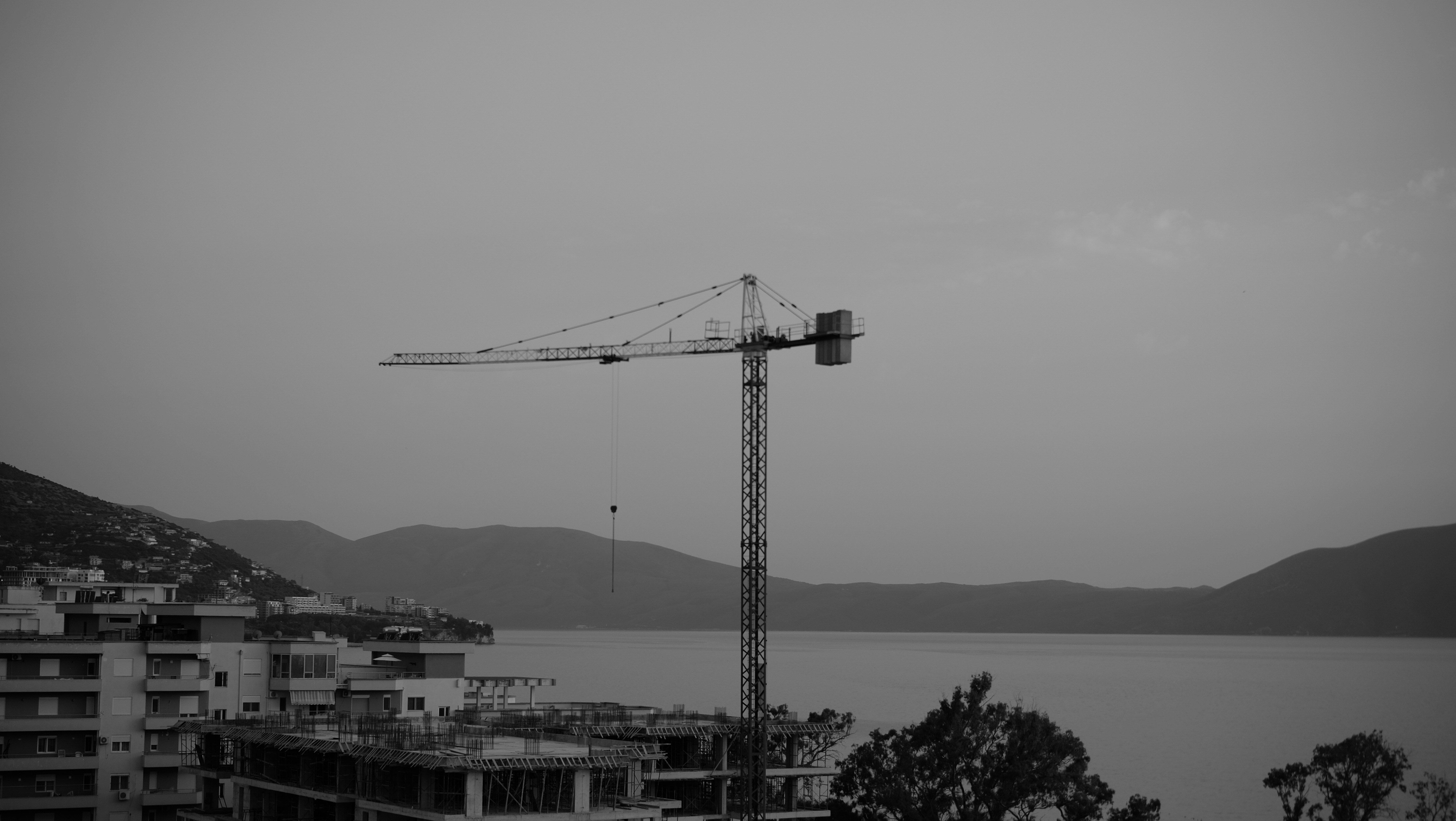 Crane Amidst a Quiet Seascape: A Monochrome Harbor Vista