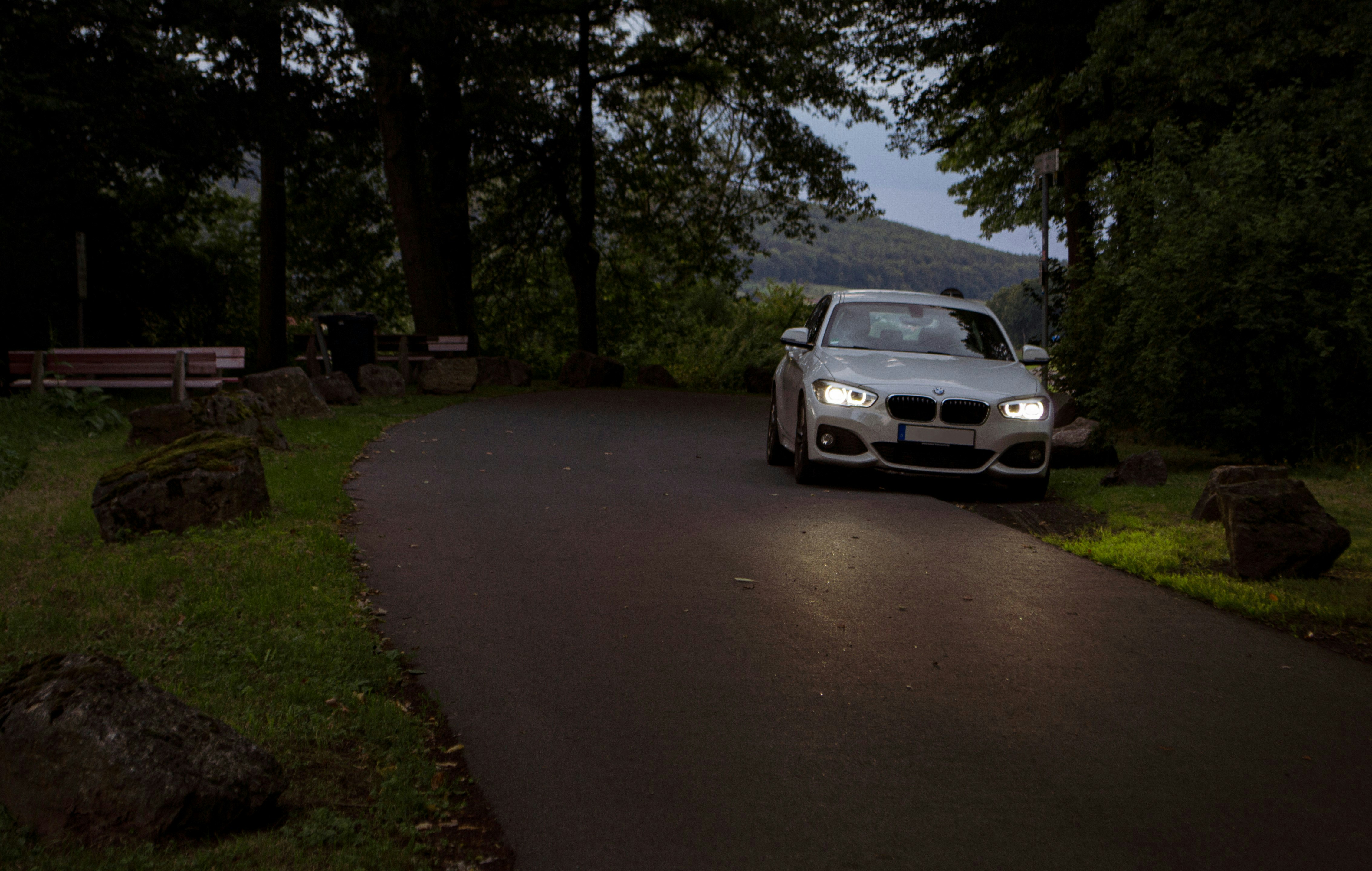 Moonlit sedan carving a path through dusk-lit forest
