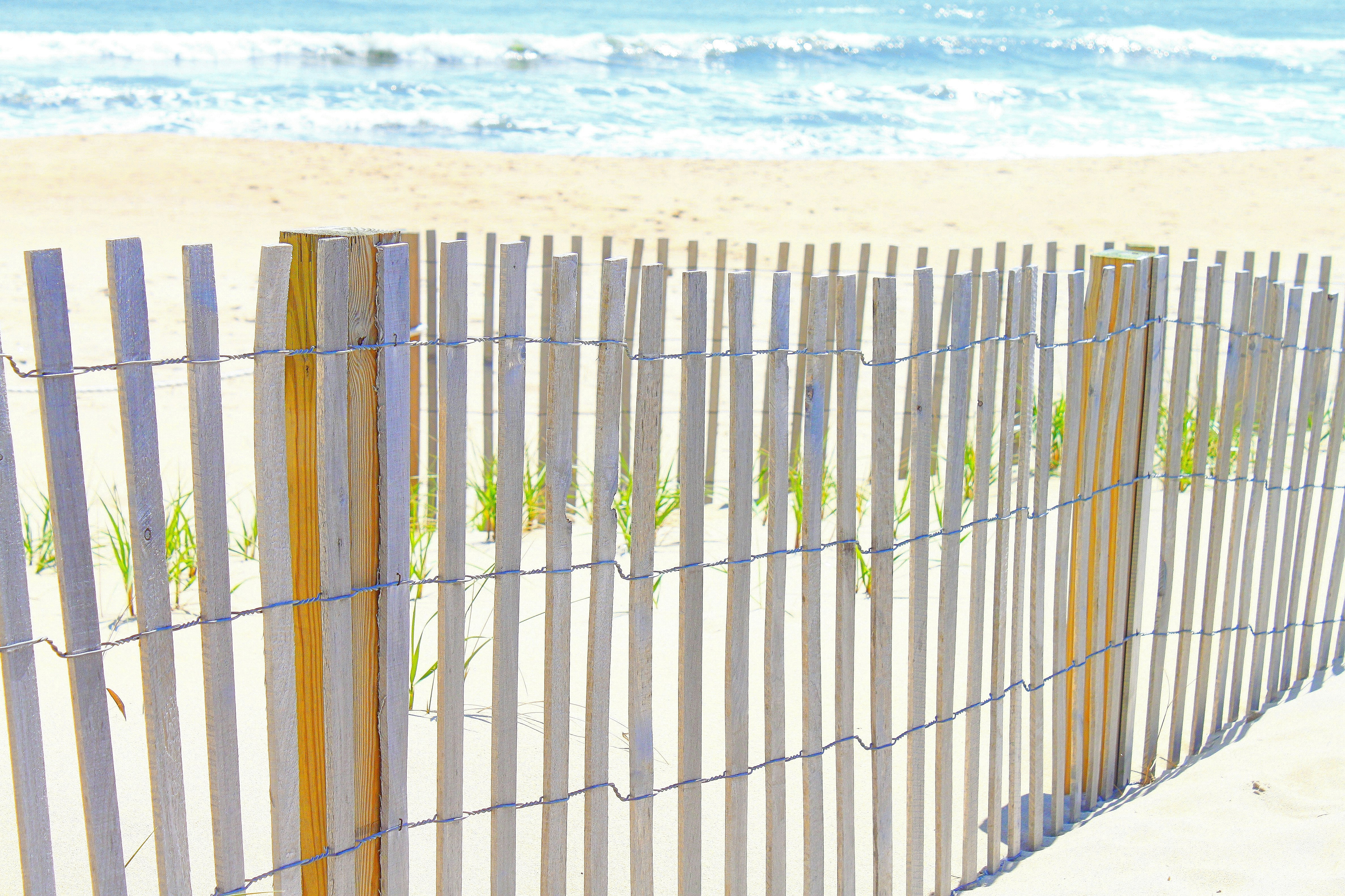 A fence on a beach with a beach in the background photo – Free Beach ...