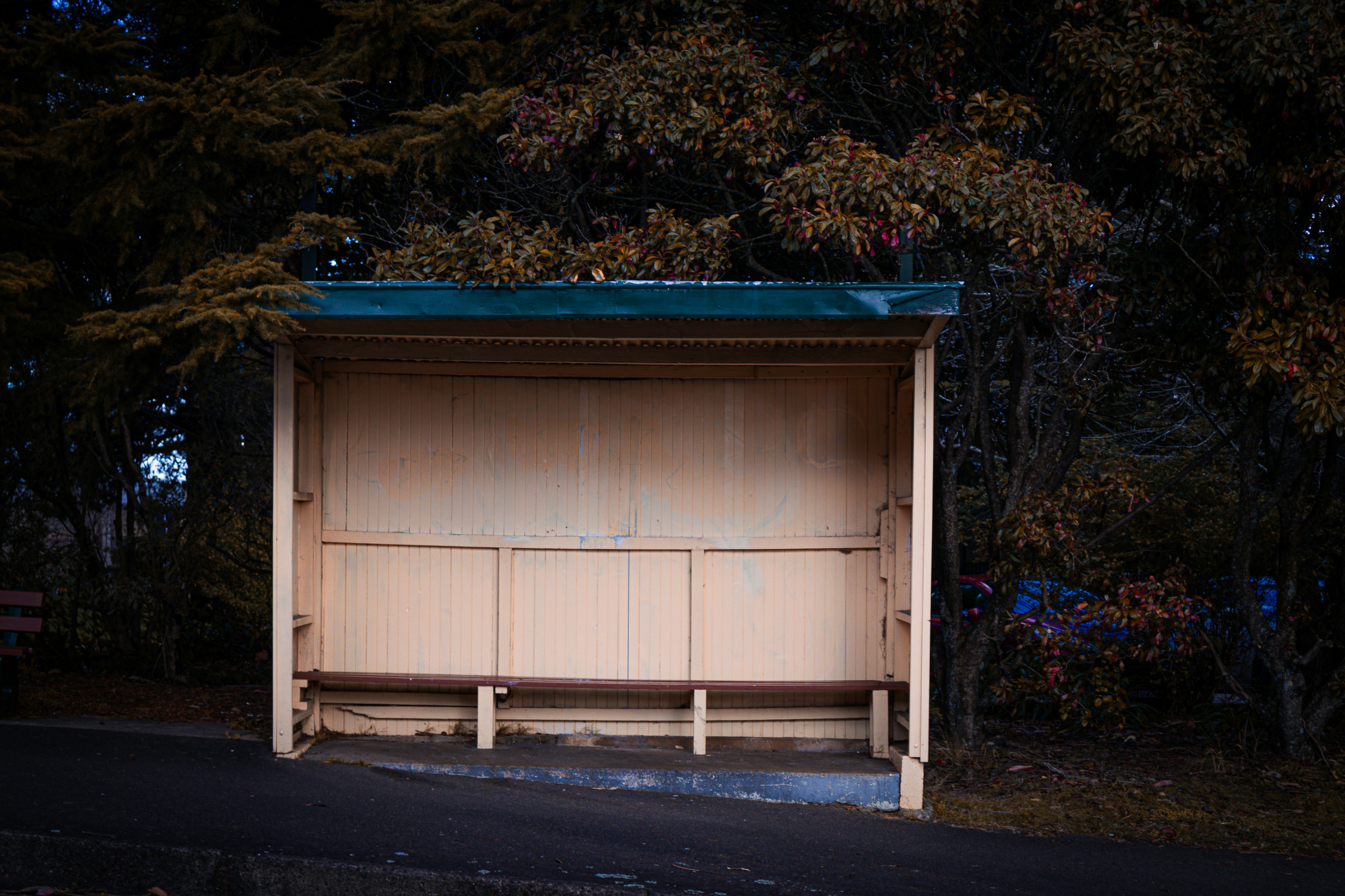 A wooden bench sitting on the side of a roadDohyuk You