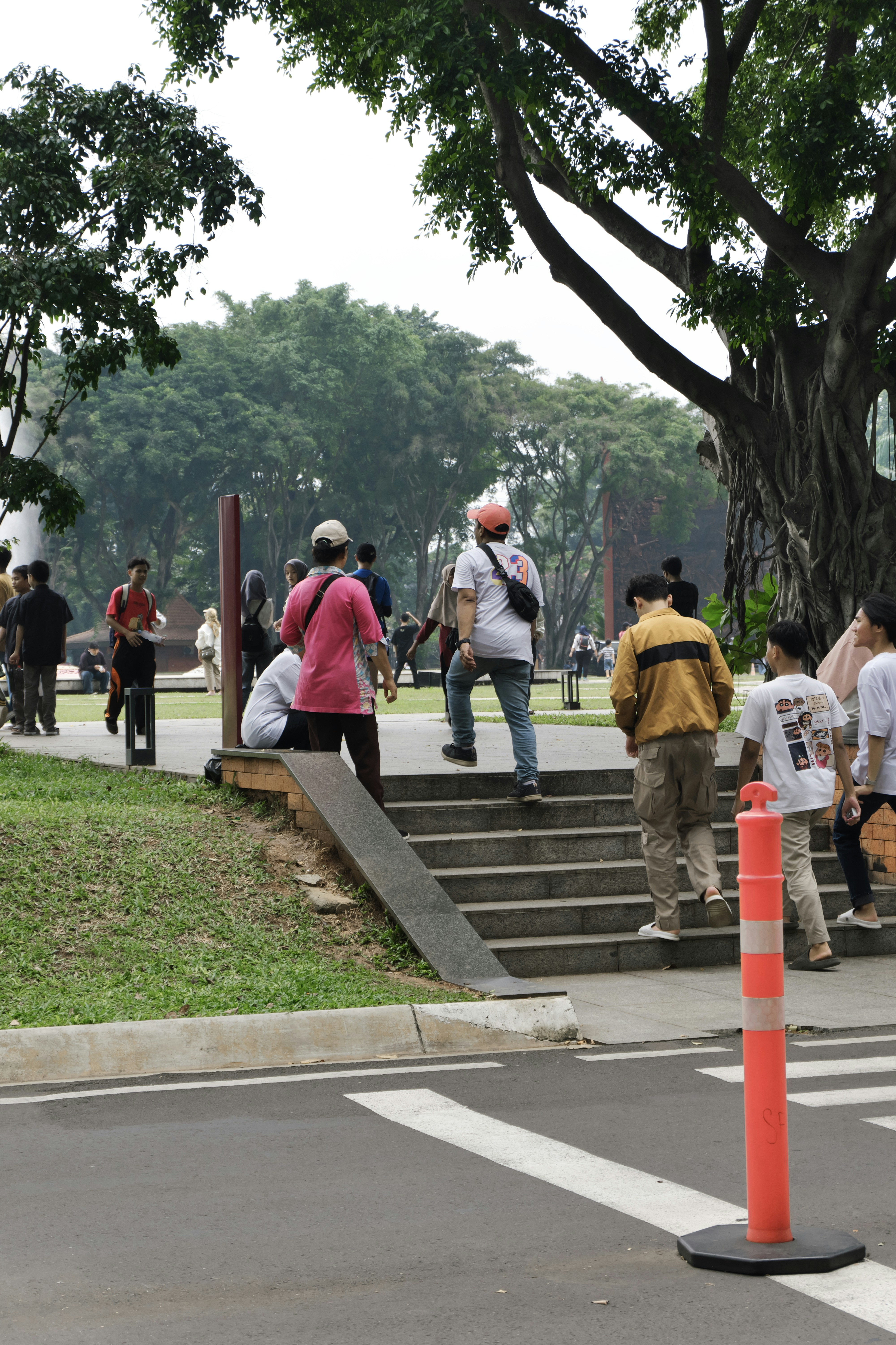 Group of people ascending steps in a park, surrounded by lush greenery and urban elements. A vibrant scene of daily life unfolds.