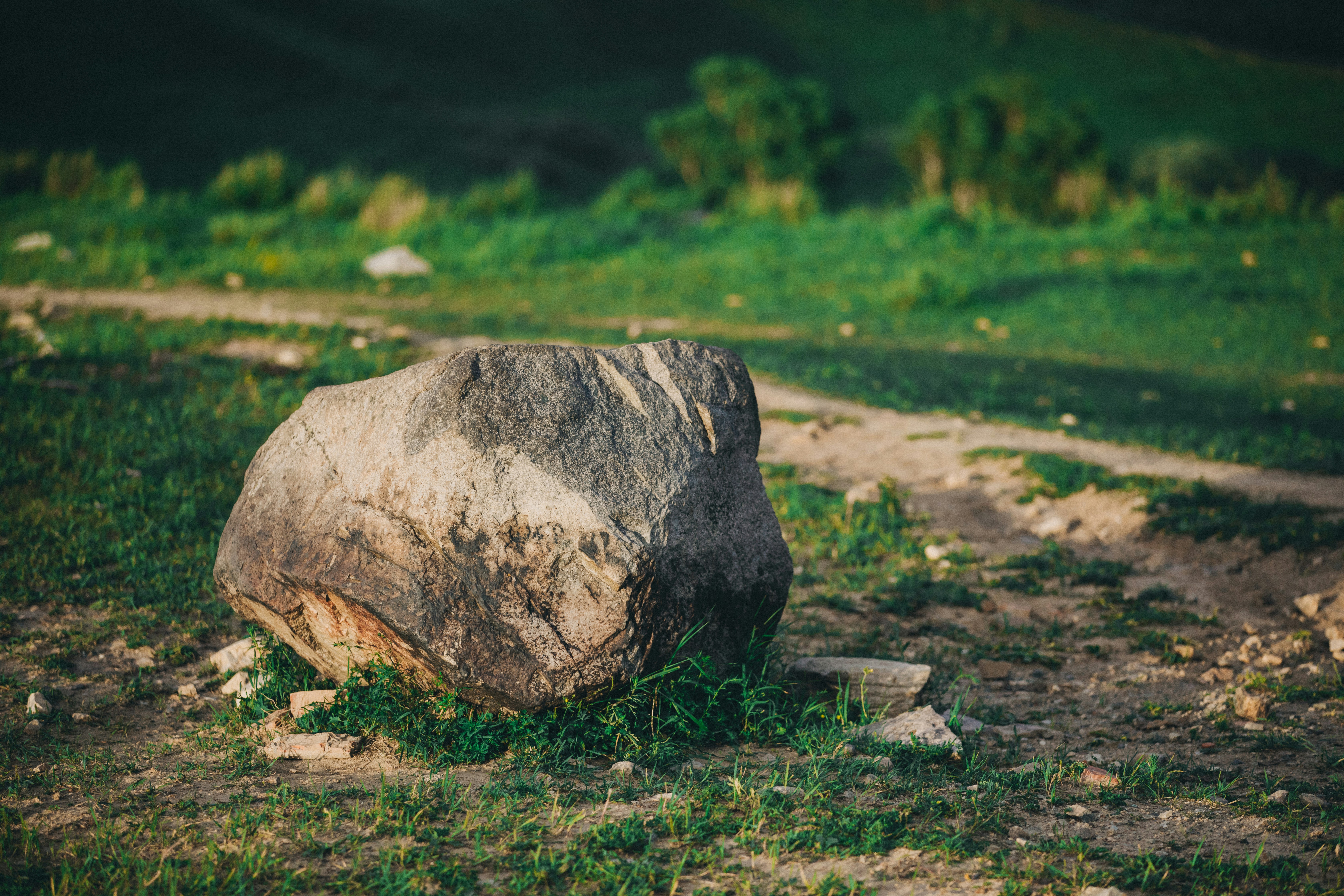 Un gros rocher posé au sommet d’un champ verdoyant photo – Image ...