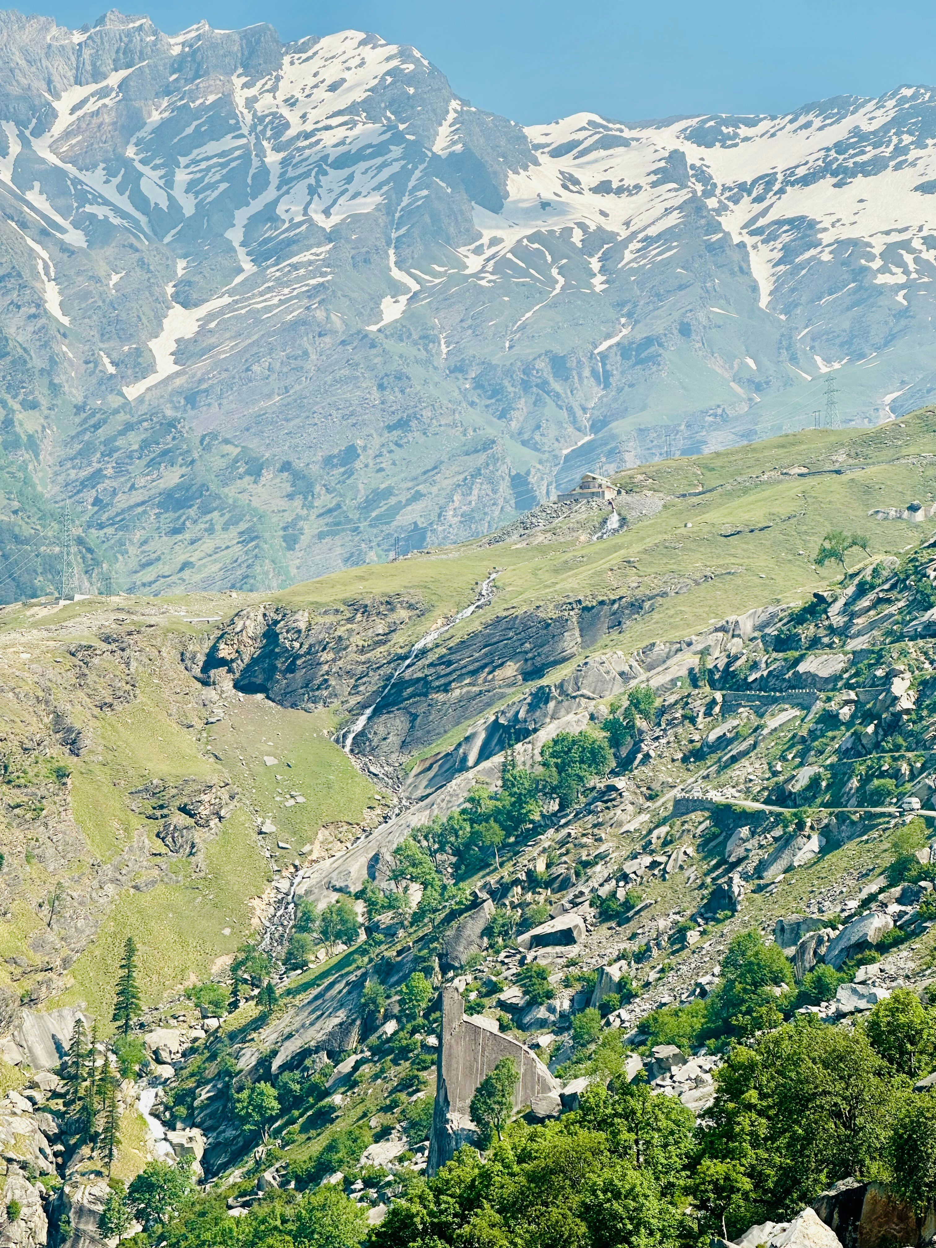 Alpine Ascent: A Snowy Crest Over Verdant Slopes