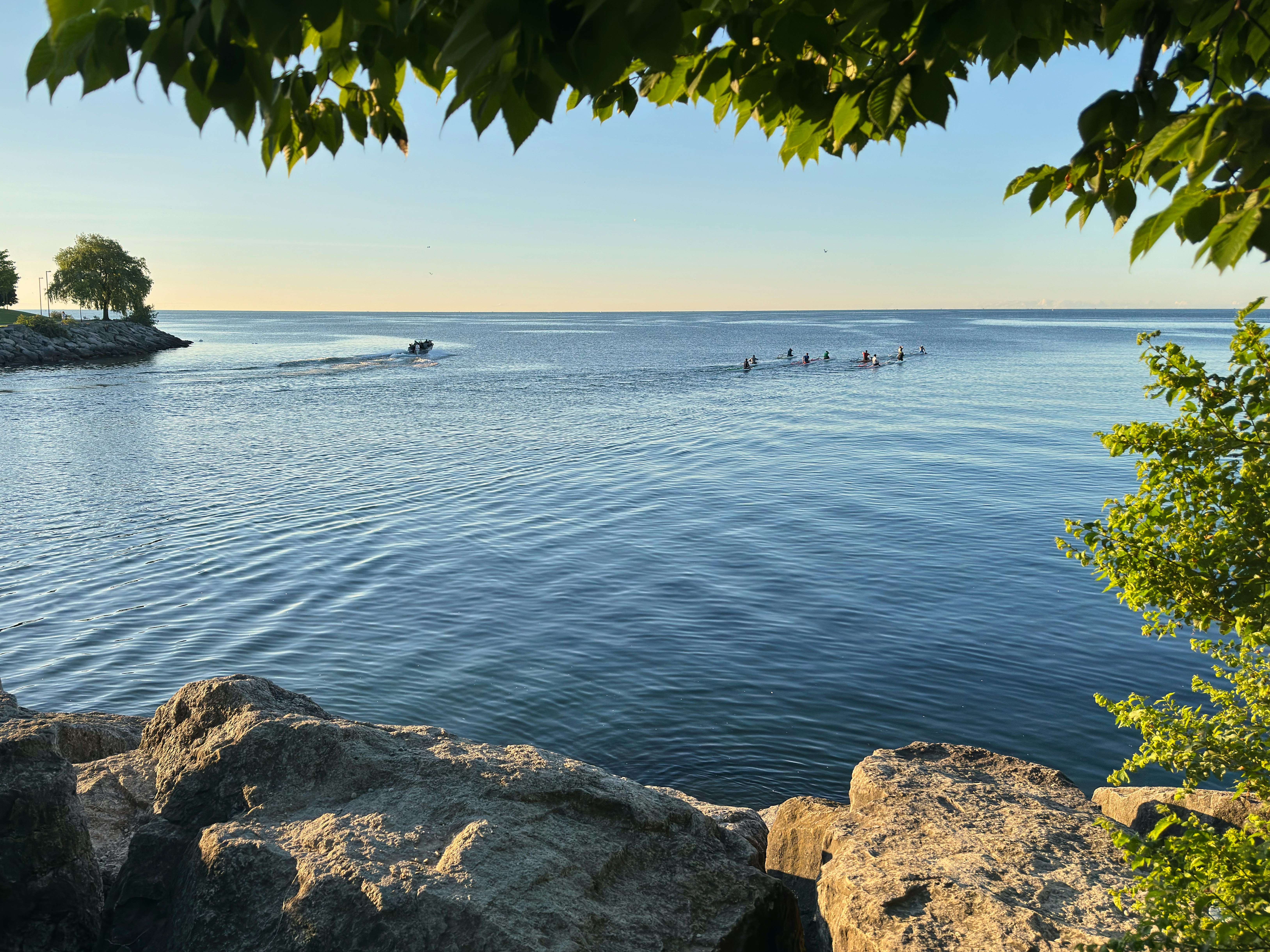 Canoeists practicing on Lake Ontario, early morning. Summer. | A body of water surrounded by rocks and trees