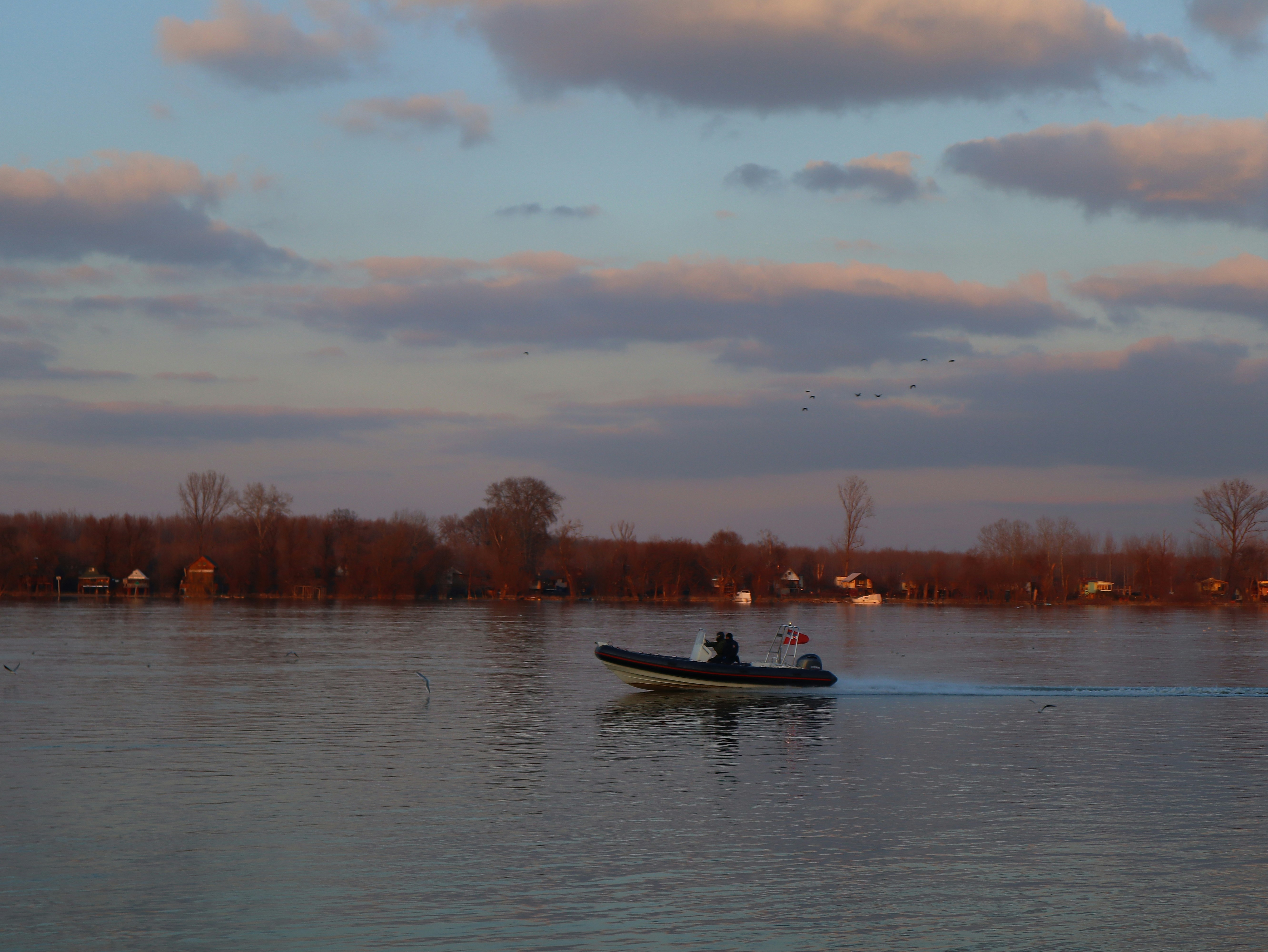 Rugged inflatable boat skimming a calm lakescape at dusk
